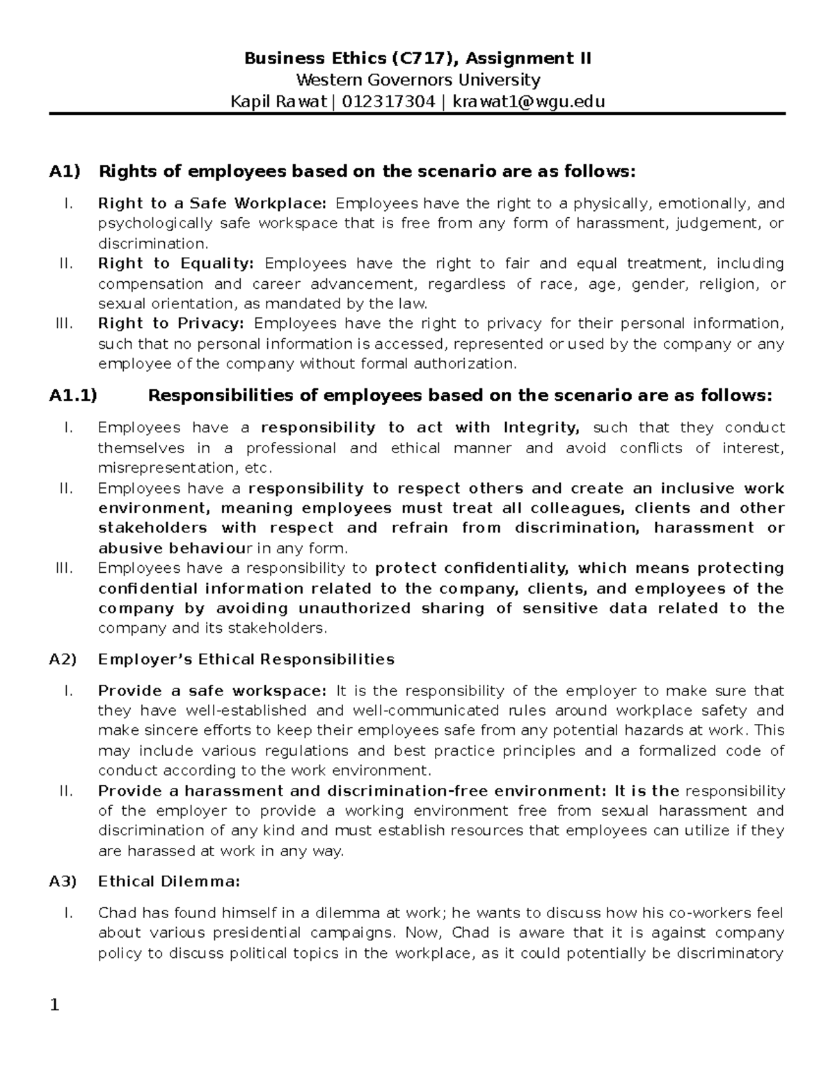 Business Ethics C717 Task II - Western Governors University Kapil Rawat ...