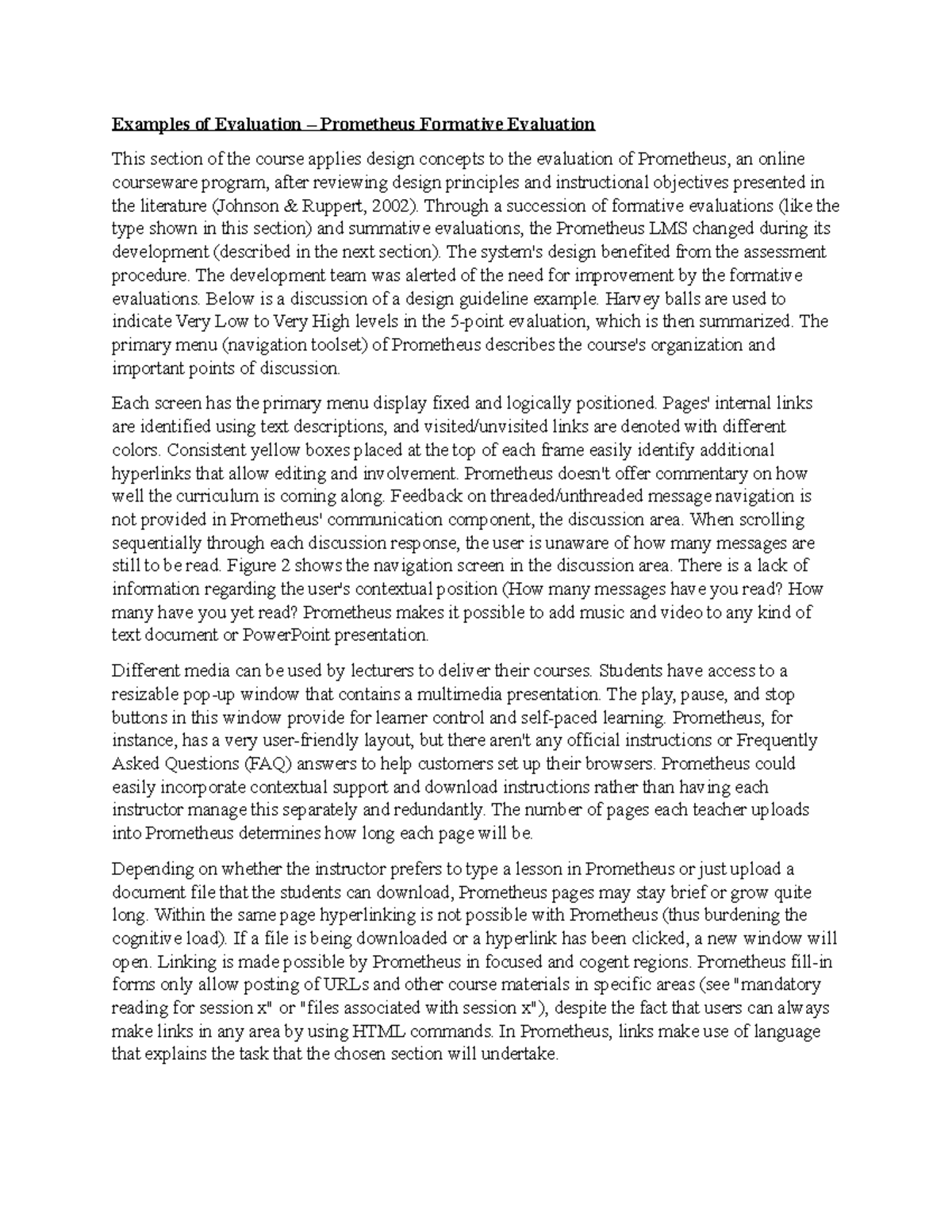 Examples of Evaluation – Prometheus Formative Evaluation - Examples of Evaluation – Prometheus ...