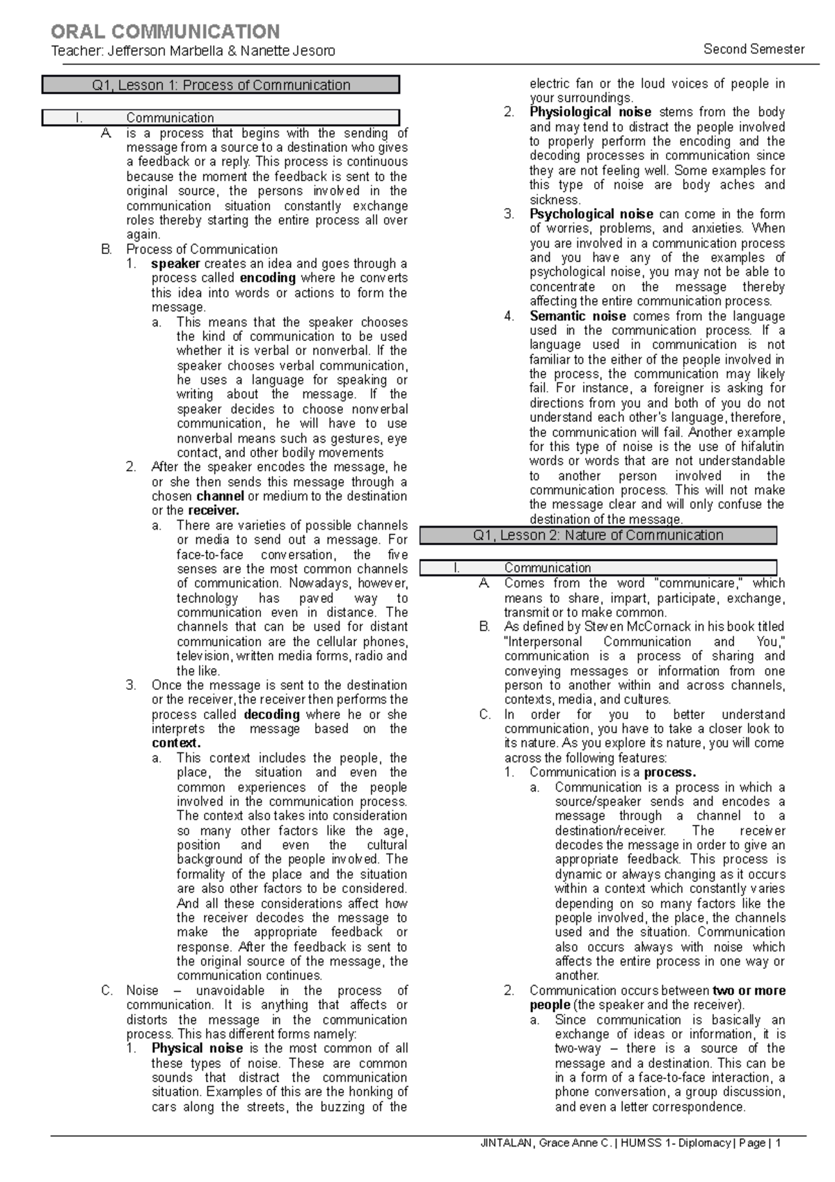 S2-ORAL Communication - Teacher: Jefferson Marbella & Nanette Jesoro Q1 ...