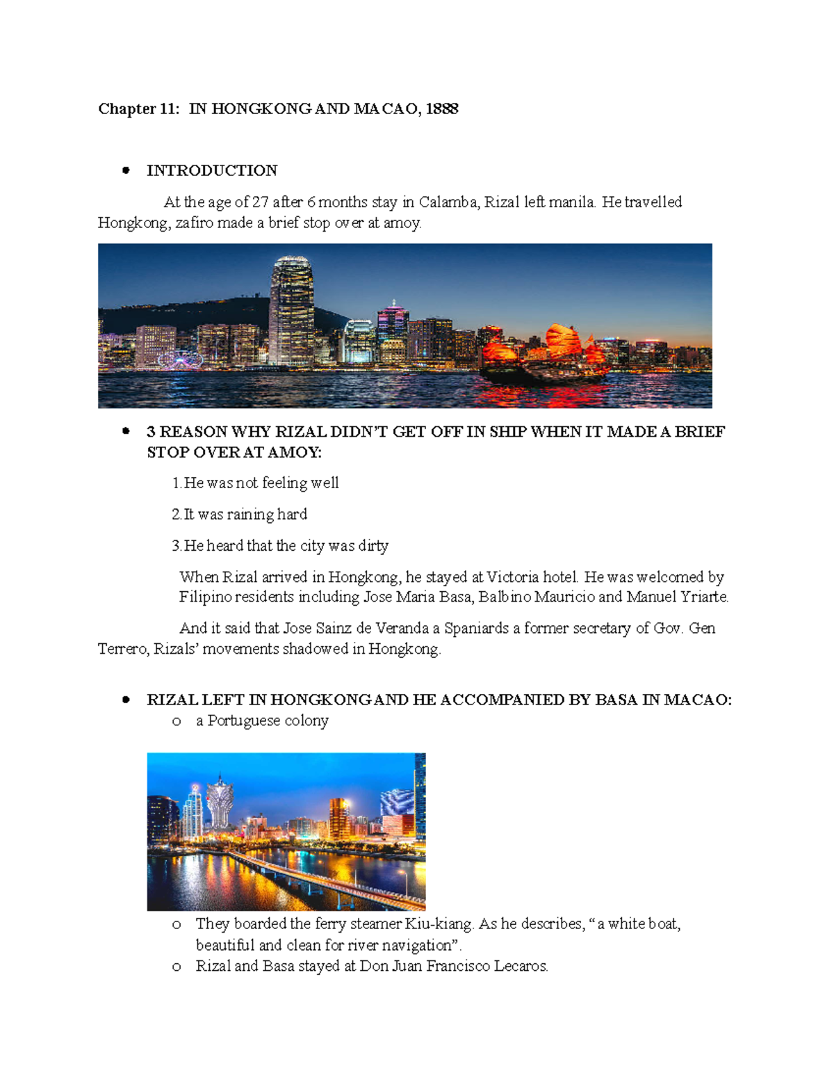 Summary-OF- Rizal - Chapter 11: IN HONGKONG AND MACAO, 1888 INTRODUCTION At the age of 27 after ...