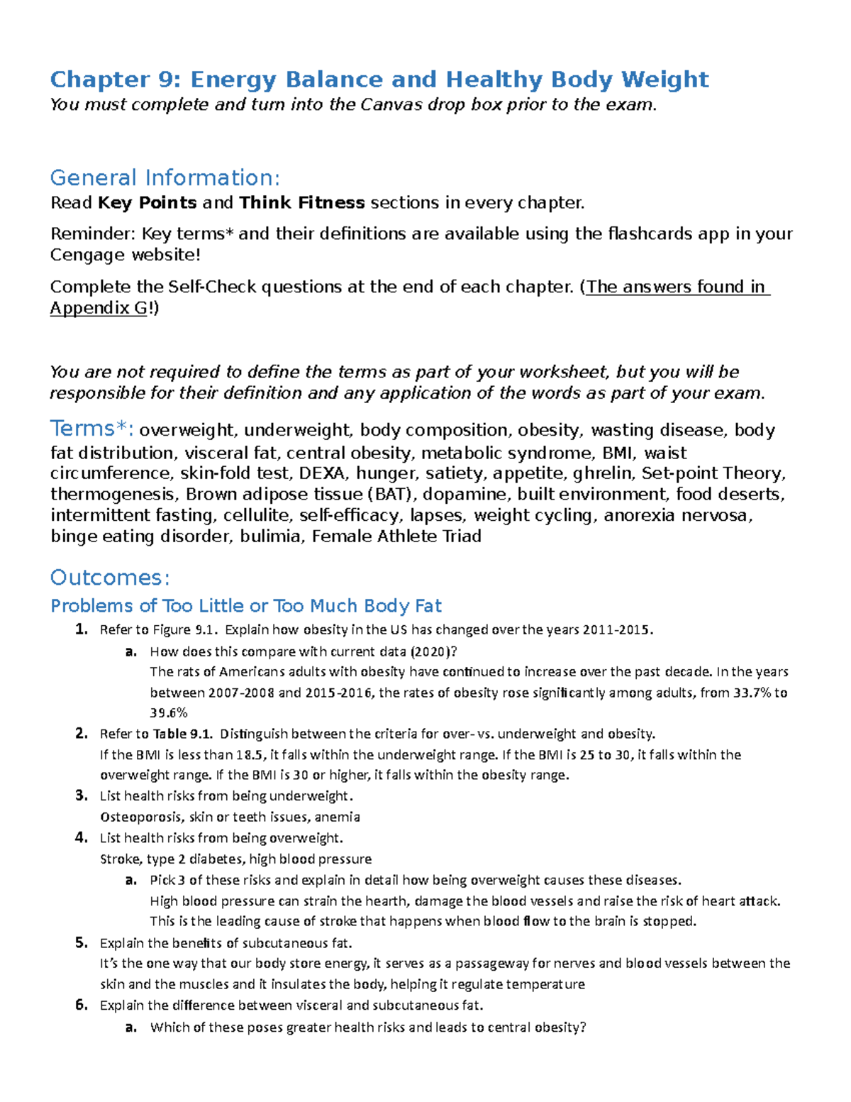 Chapter 9 outline - Chapter 9: Energy Balance and Healthy Body Weight ...