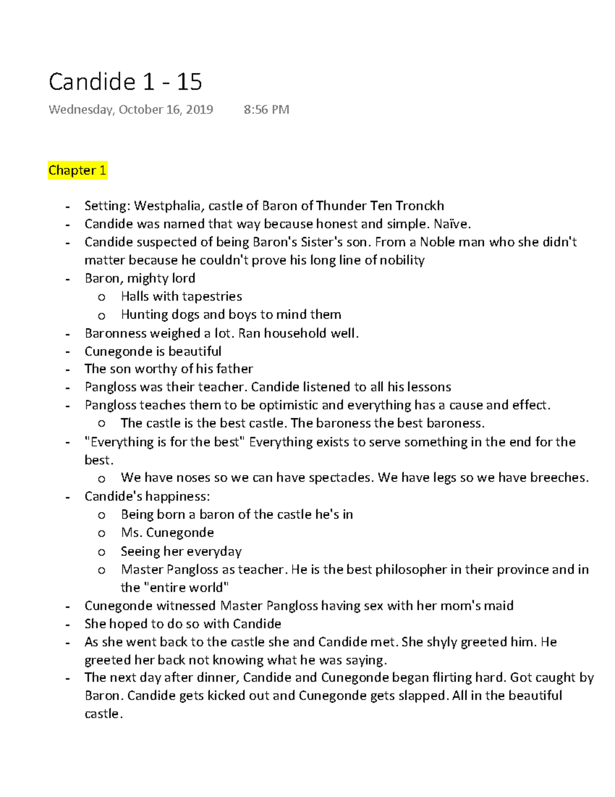 Candide 1 - 15 - A summary of the given chapters - Chapter 1 Setting ...