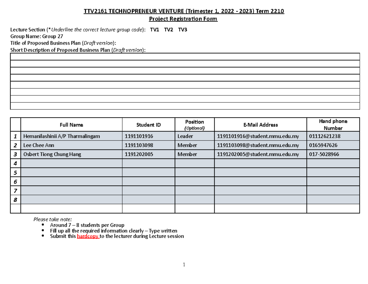 TTV2161 Project Registration Form - TTV2161 TECHNOPRENEUR VENTURE ...