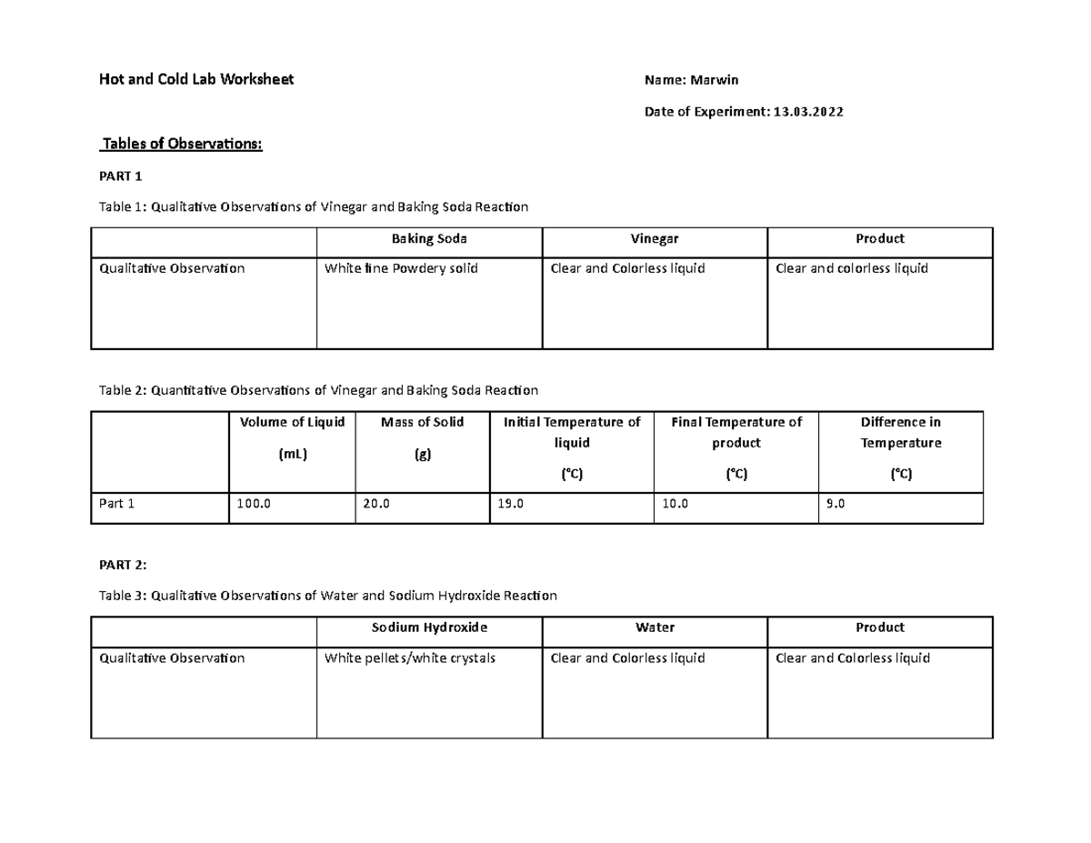 Hot and Cold Lab Worksheet easy to learn and undestand - Hot and Cold ...