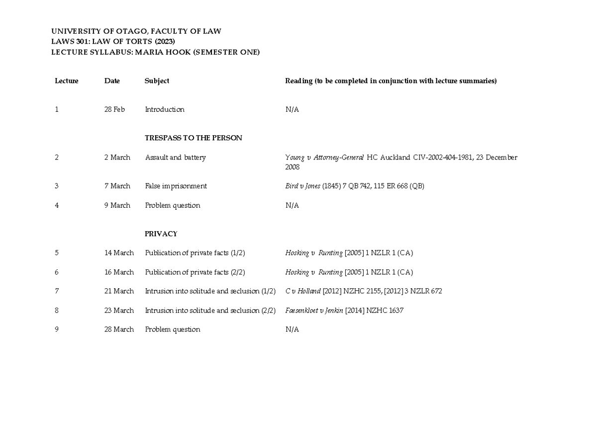 301 Readings - 301 reading schedule - UNIVERSITY OF OTAGO, FACULTY OF ...
