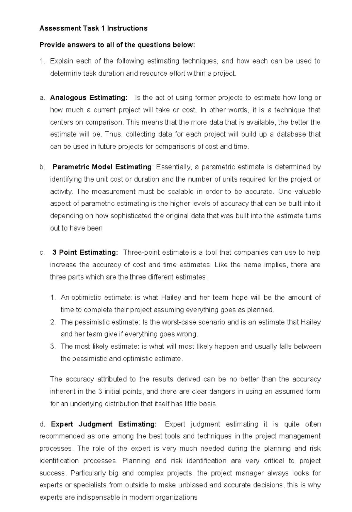 Assessment Task 1 - Risk management - Assessment Task 1 Instructions Provide answers to all of ...