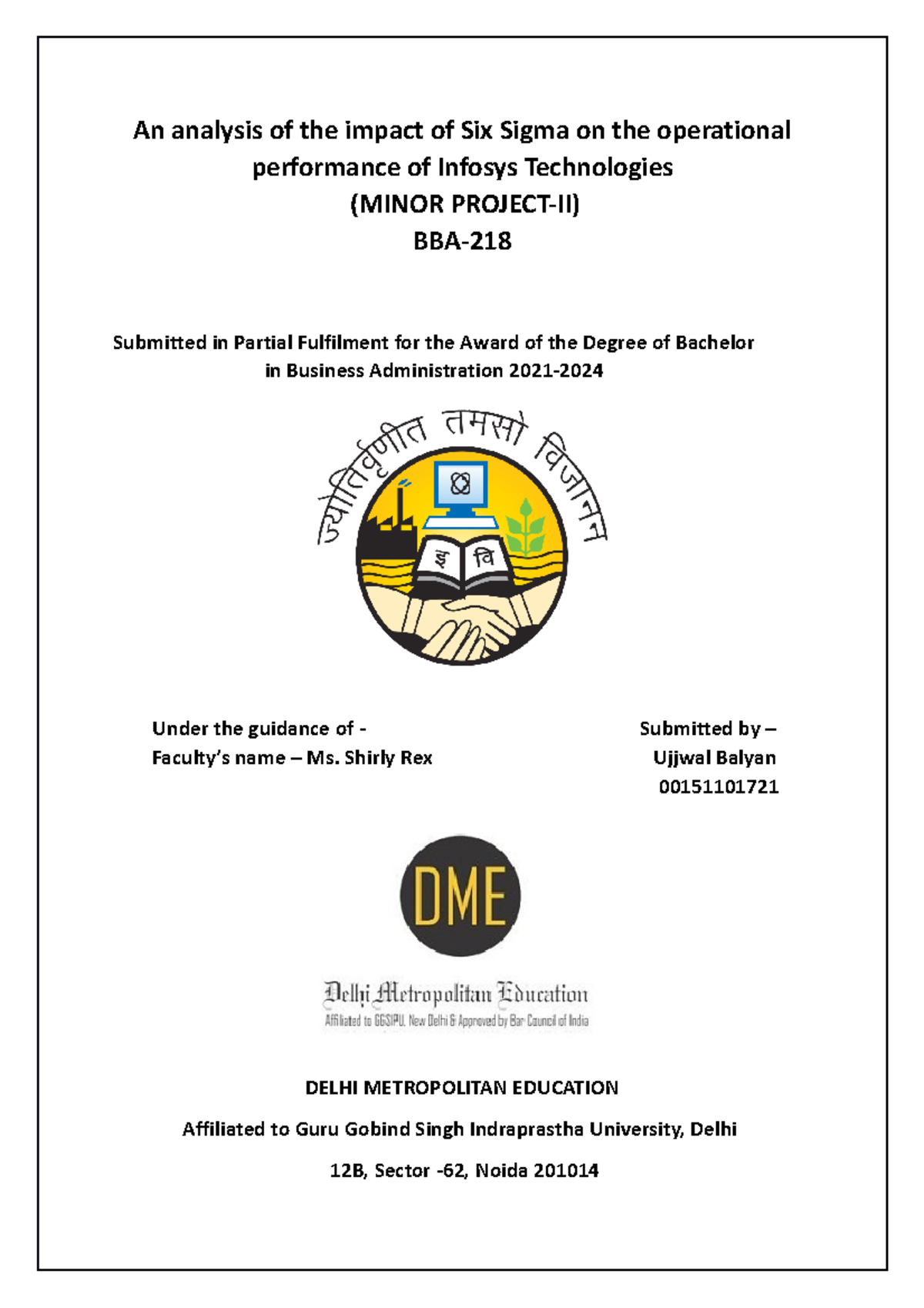 Ujjwal balyan minor project 2 - An analysis of the impact of Six Sigma on the operational - Studocu