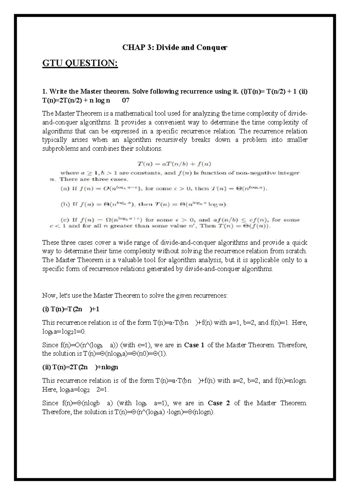 CHAP 3 - helpful notes of ADA - CHAP 3: Divide and Conquer GTU QUESTION ...