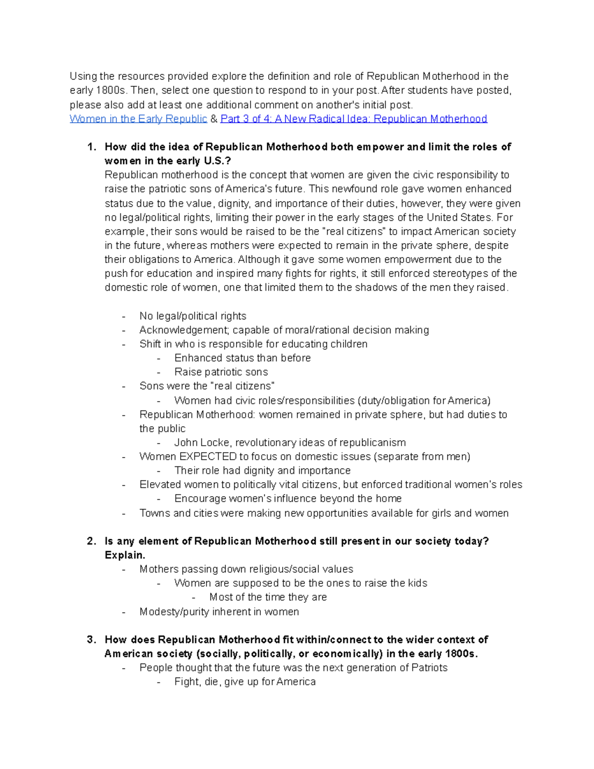 Republican Motherhood Questions - Using the resources provided explore ...