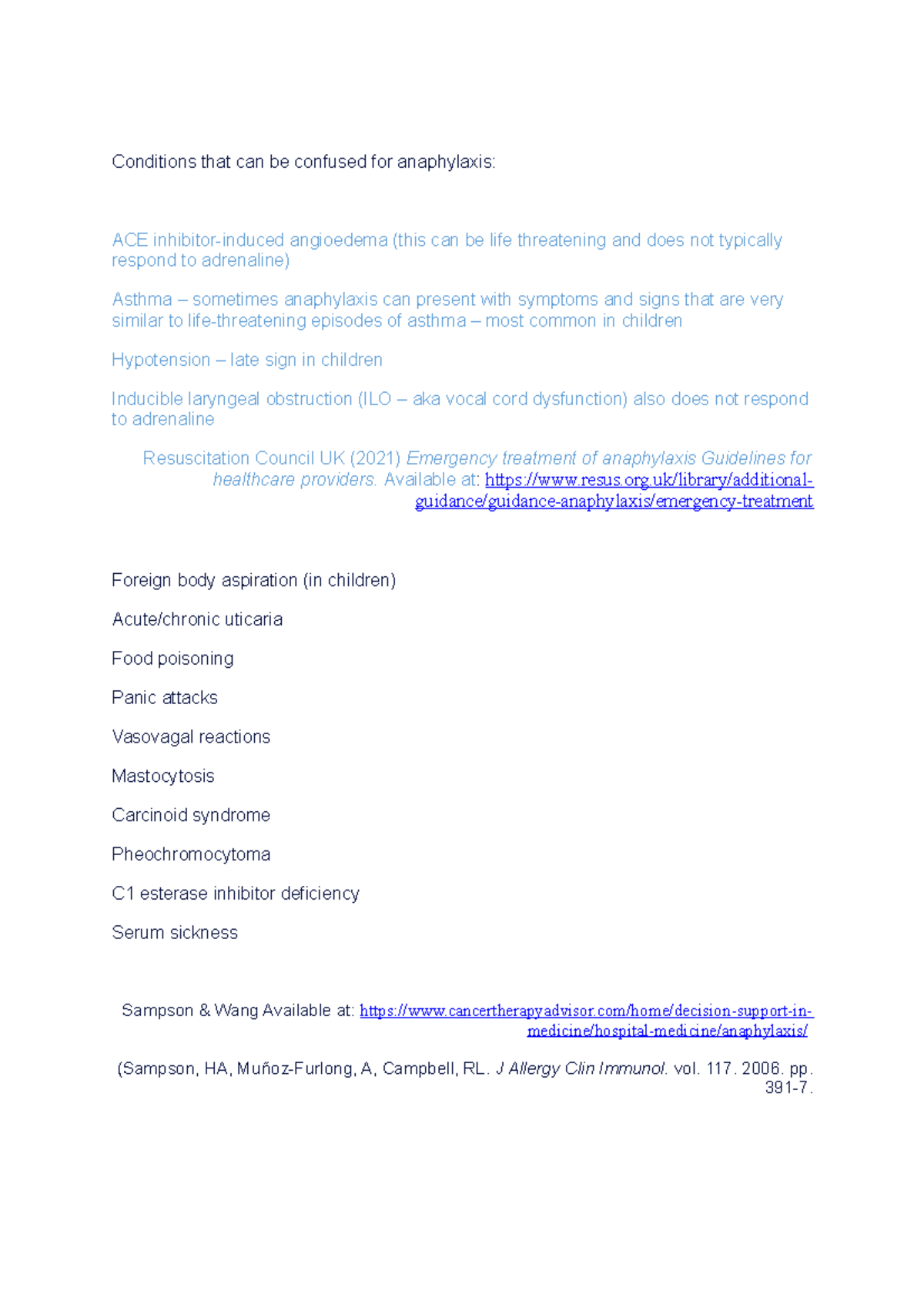 Answer sheet anaphylaxis - Manchester - Studocu