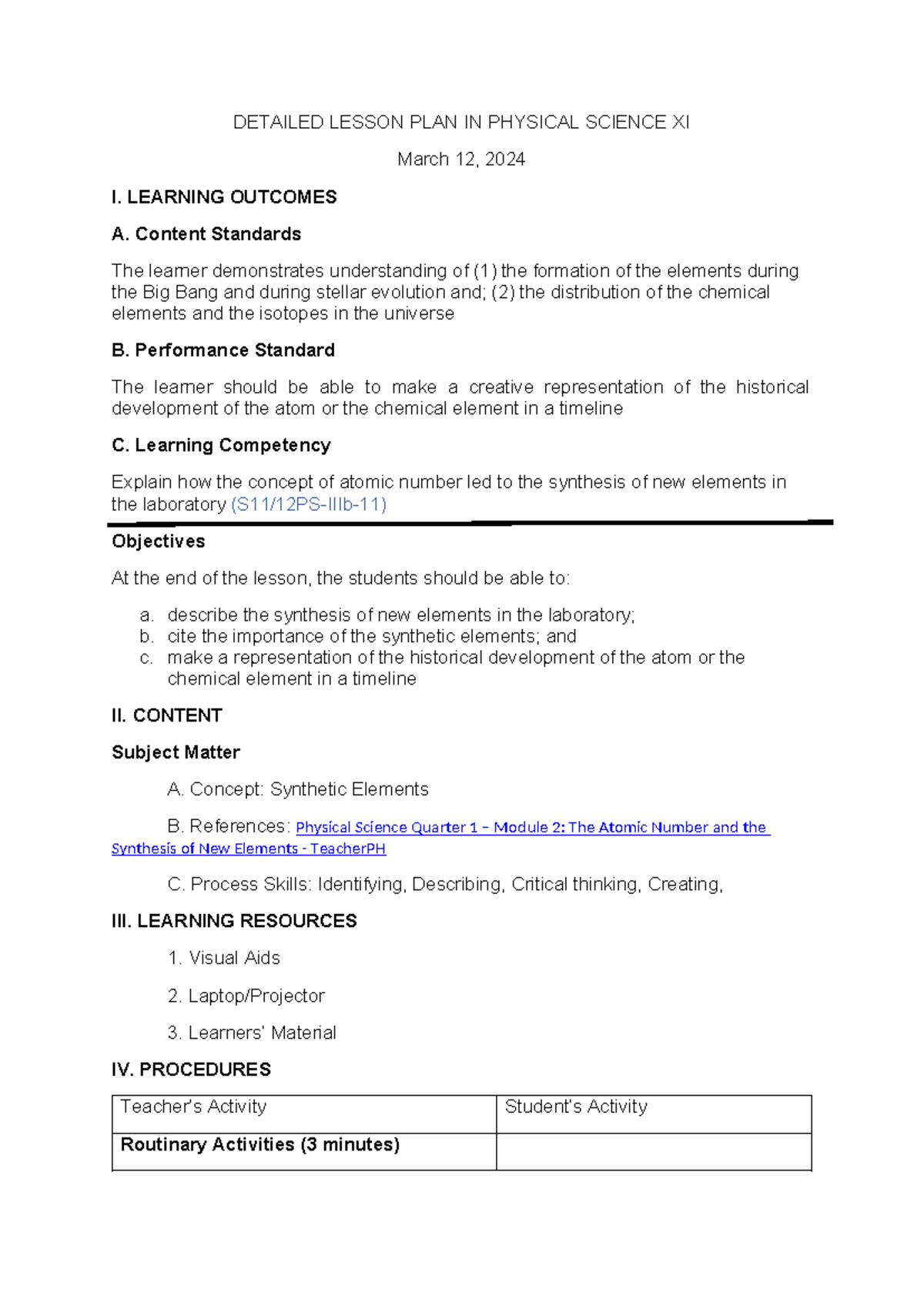 Detailed Lesson PLAN 2 - DETAILED LESSON PLAN IN PHYSICAL SCIENCE XI ...