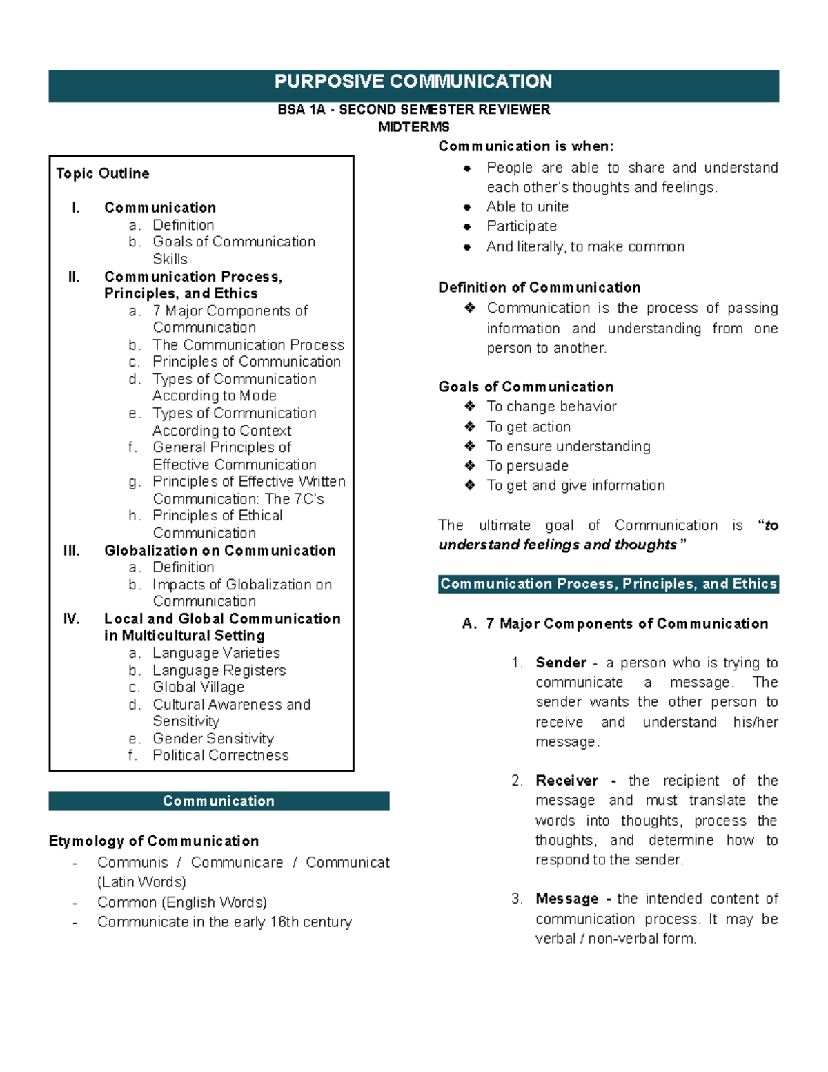 Purposive Communication Reviewer - PURPOSIVE COMMUNICATION BSA 1A ...