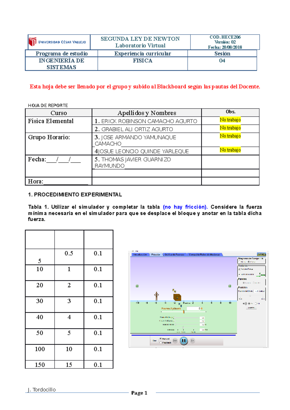 Laboratorio 4 - fisica - SEGUNDA LEY DE NEWTON Laboratorio Virtual COD ...