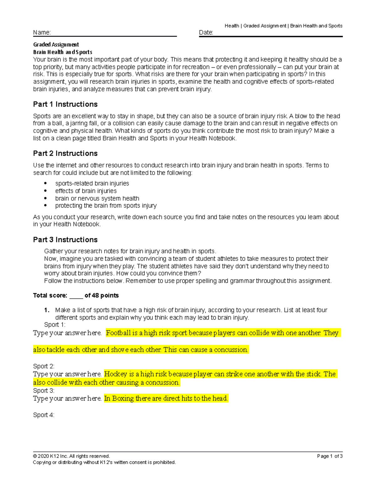 Health 1 - Health | Graded Assignment | Brain Health and Sports Name ...