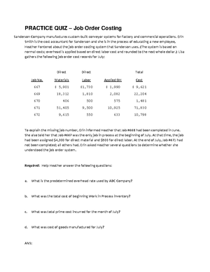 20 Practice QUIZ – Job Order Costing - PRACTICE QUIZ – Job Order ...