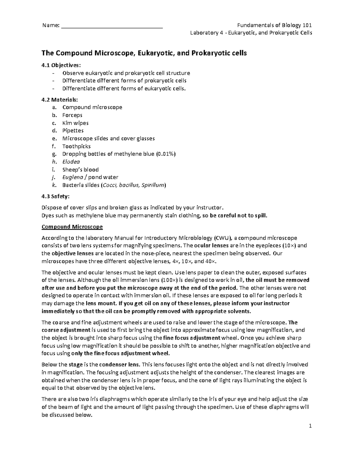 Lab 4 - Compound microscope and cells - Name ...