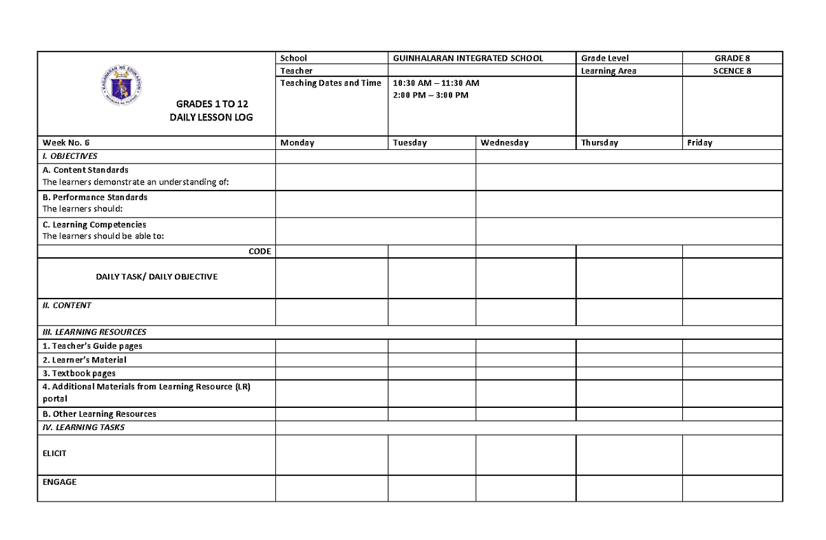 DLL - GRADES 1 TO 12 DAILY LESSON LOG School GUINHALARAN INTEGRATED ...