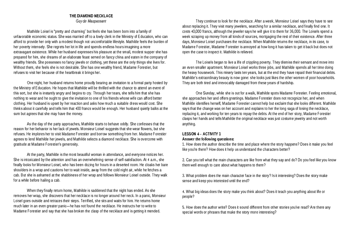 THE Diamond Necklace- Activity - THE DIAMOND NECKLACE Guy de Maupassant ...