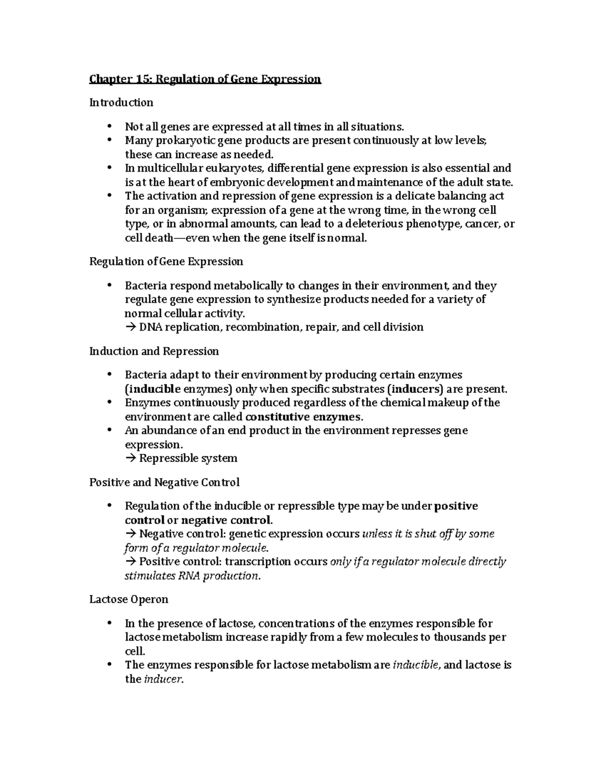 Chapter 15 Part 1 - lecture notes - Chapter 15: Regulation of Gene ...