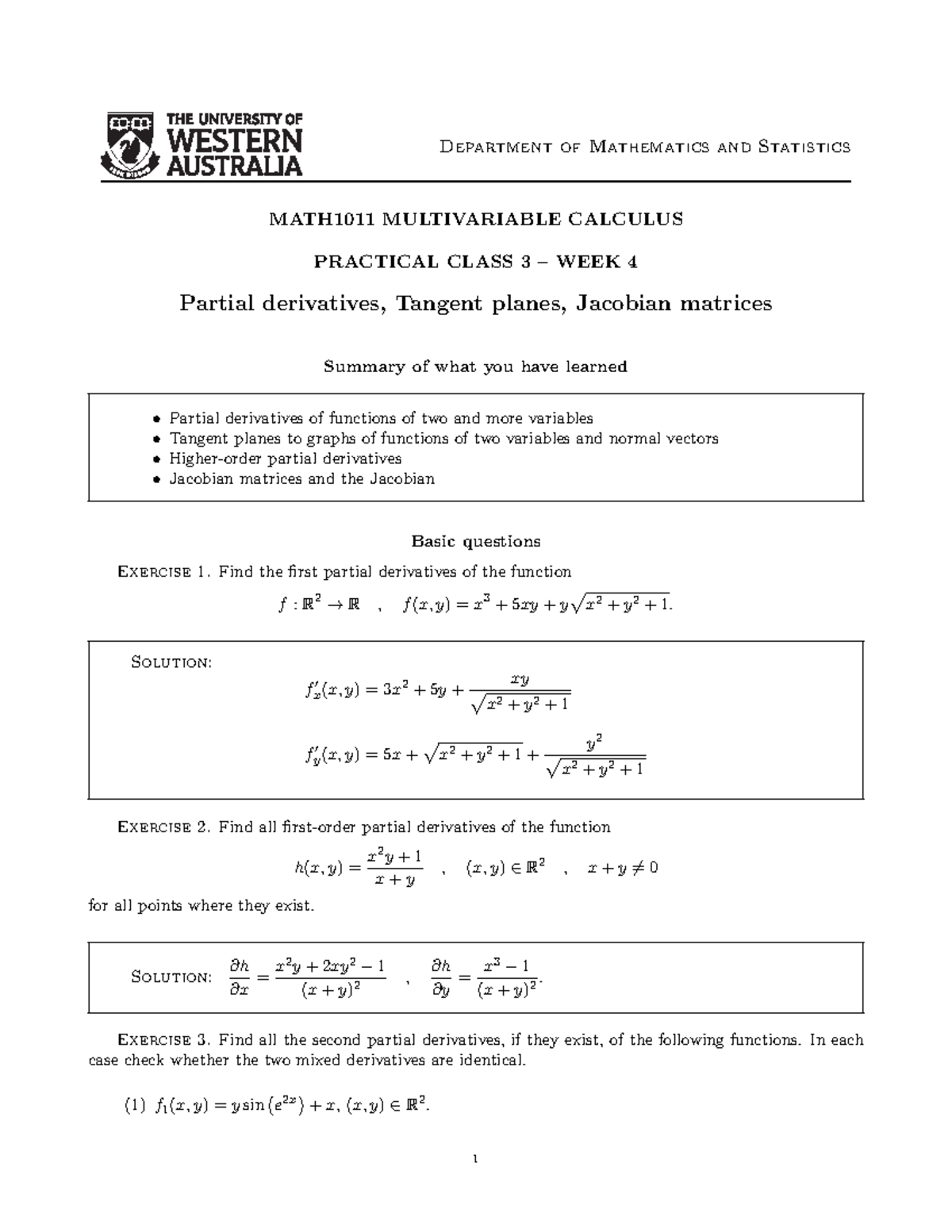 MATH1011 Practical 3 Week 4 Solutions - Department of Mathematics and Statistics MATH1011 - StuDocu