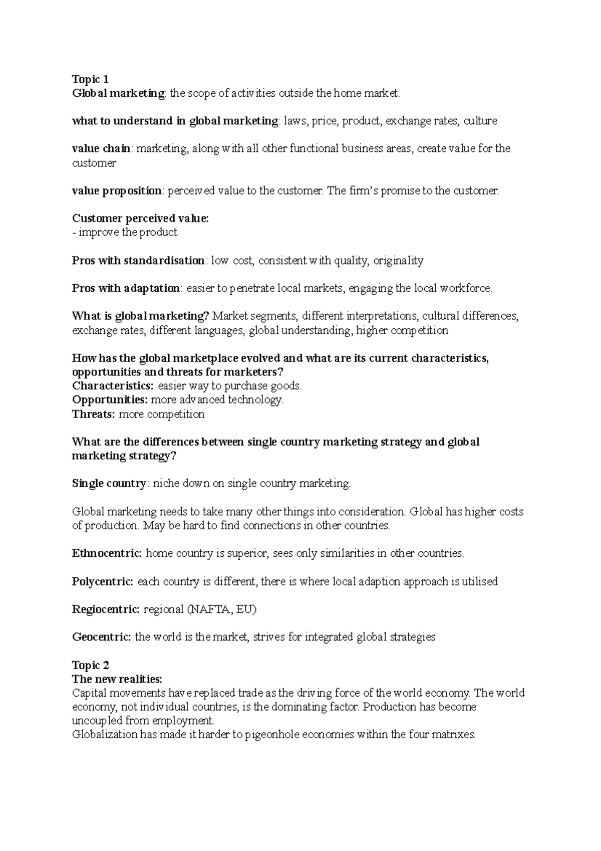 Global marketing notes - Topic 1 Global marketing : the scope of ...