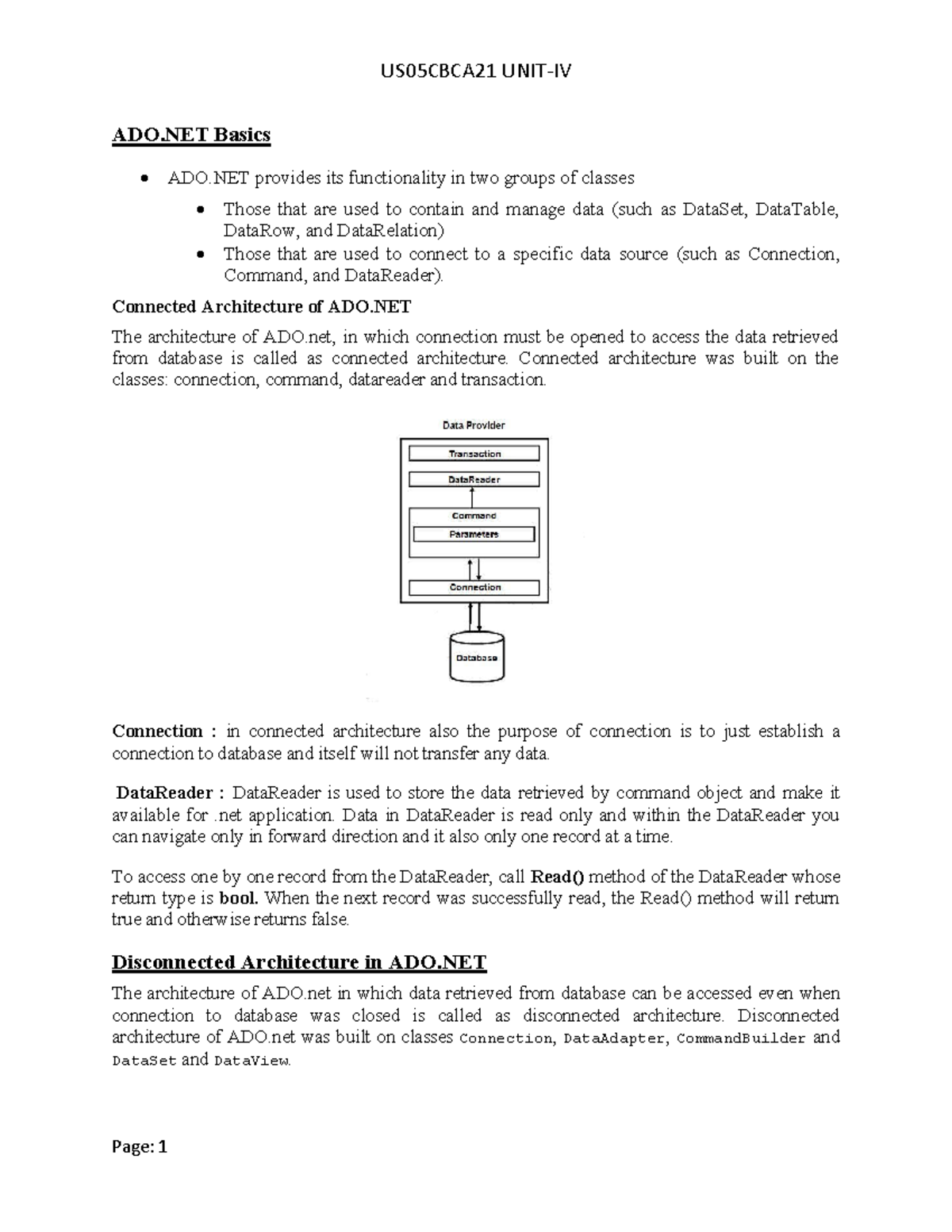 US05CBCA21 Unit4 - ADO.net lecture notes - ADO Basics ADO provides its ...