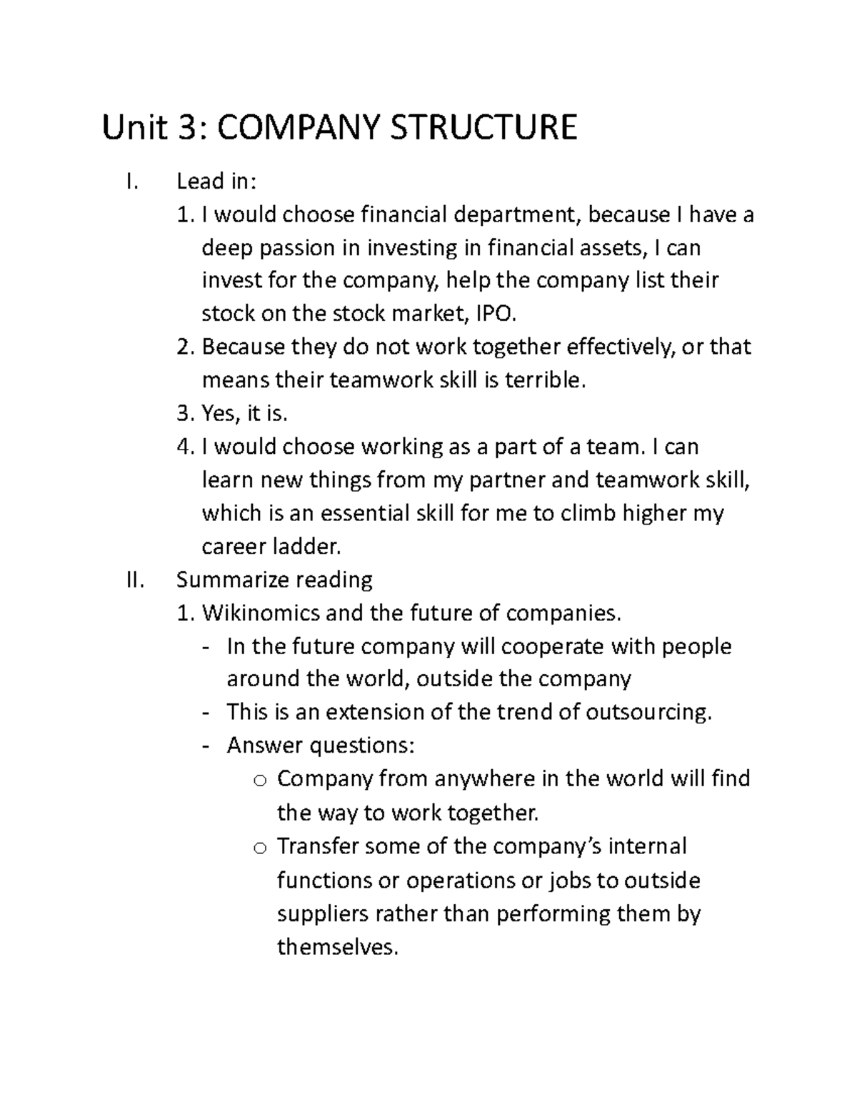 Unit 3 hw - Summary Advanced English - Unit 3: COMPANY STRUCTURE I. Lead in: 1. I would choose ...