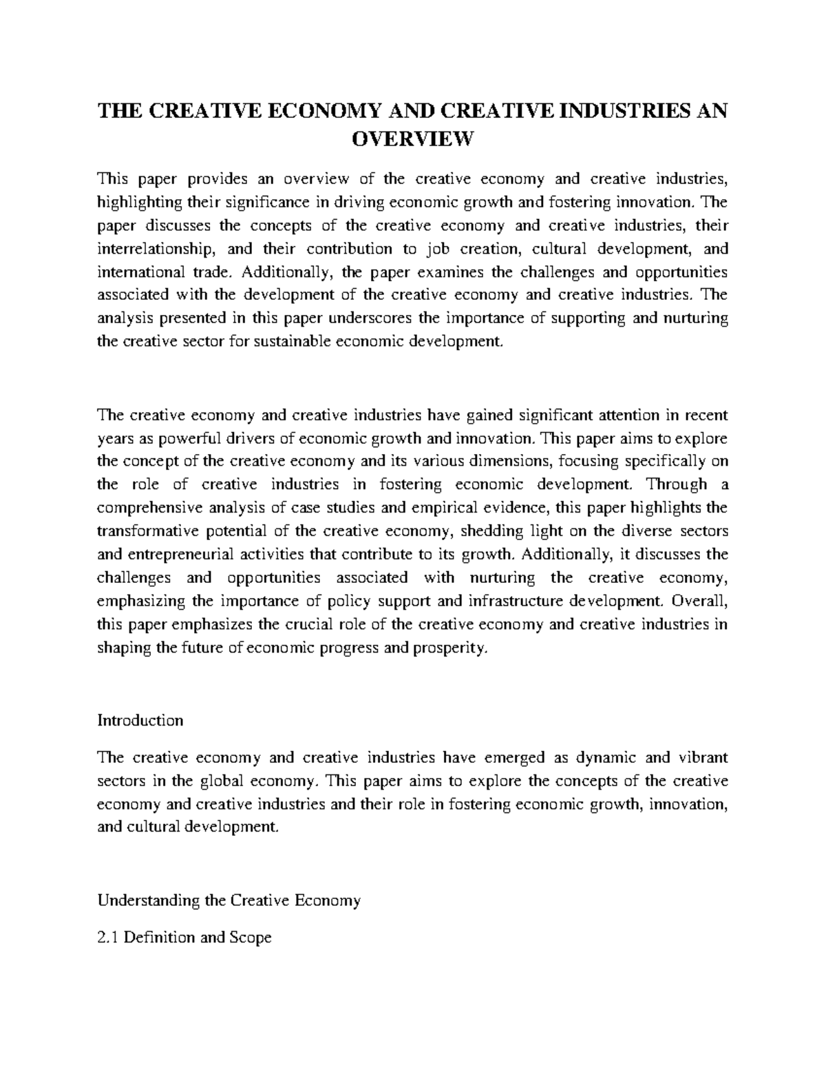 THE Creative Economy AND Creative Industries AN Overview - THE CREATIVE ...