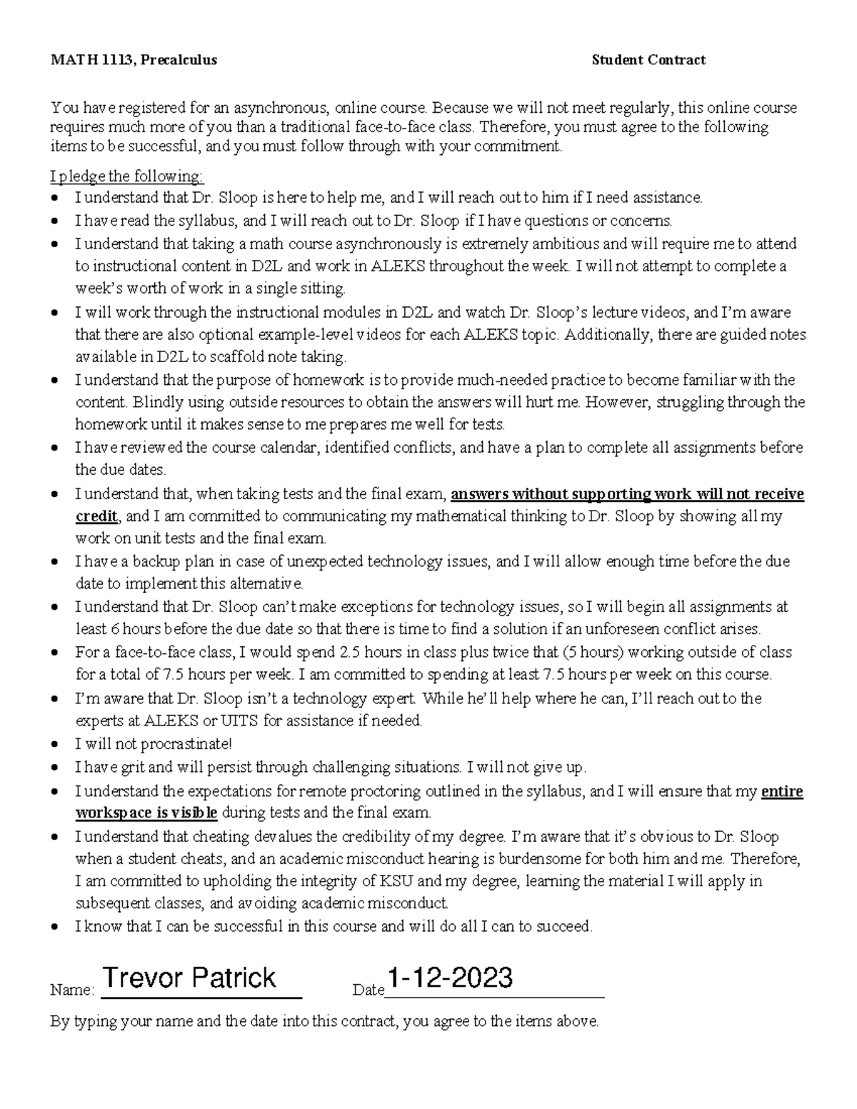 MATH-1113 Student Contract Spring 23 - MATH 1113, Precalculus Student ...