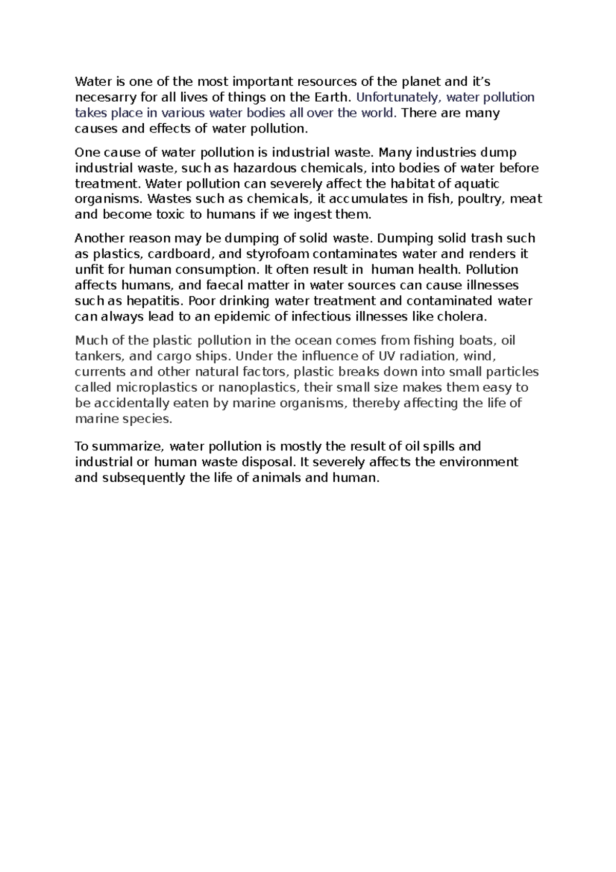 Water pollution - Writting - Water is one of the most important ...