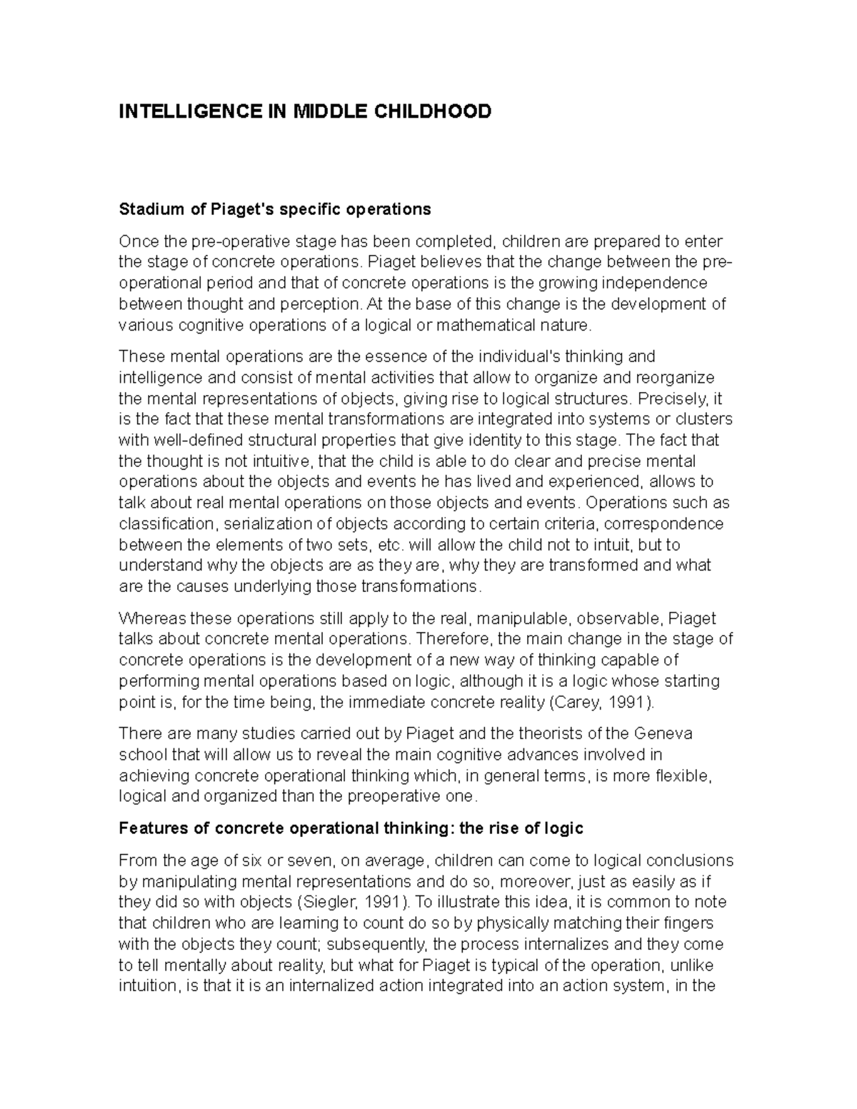 Intelligence in middle childhood - INTELLIGENCE IN MIDDLE CHILDHOOD ...