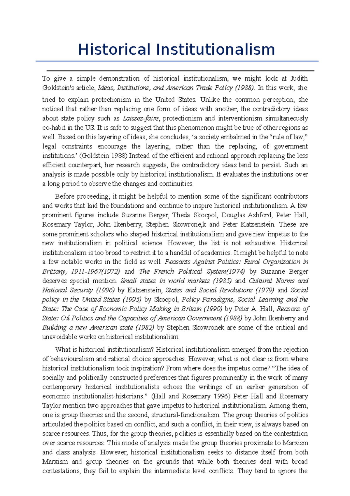 Note on Historical Institutionalism - Historical Institutionalism To ...