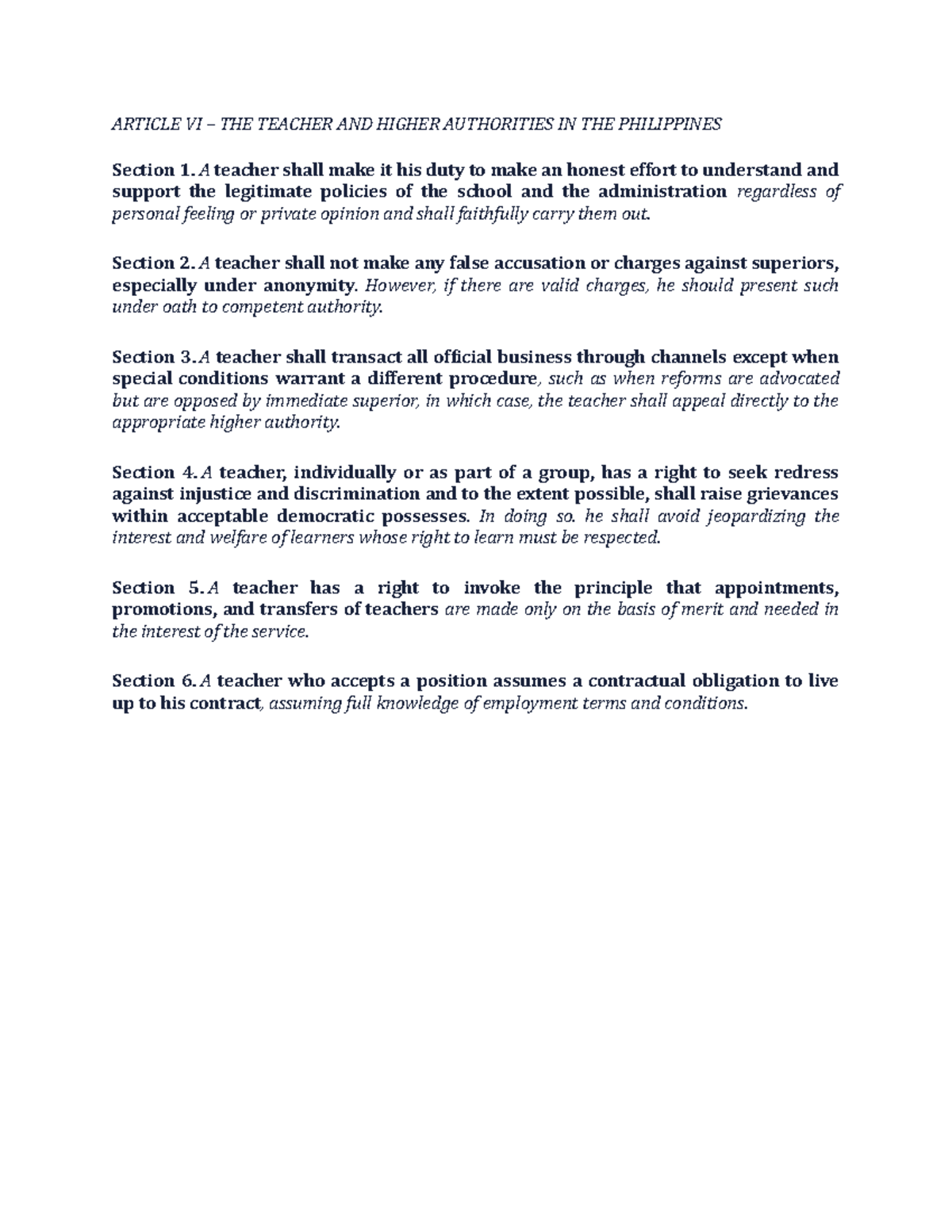 Article VI - uyiyo - ARTICLE VI – THE TEACHER AND HIGHER AUTHORITIES IN ...