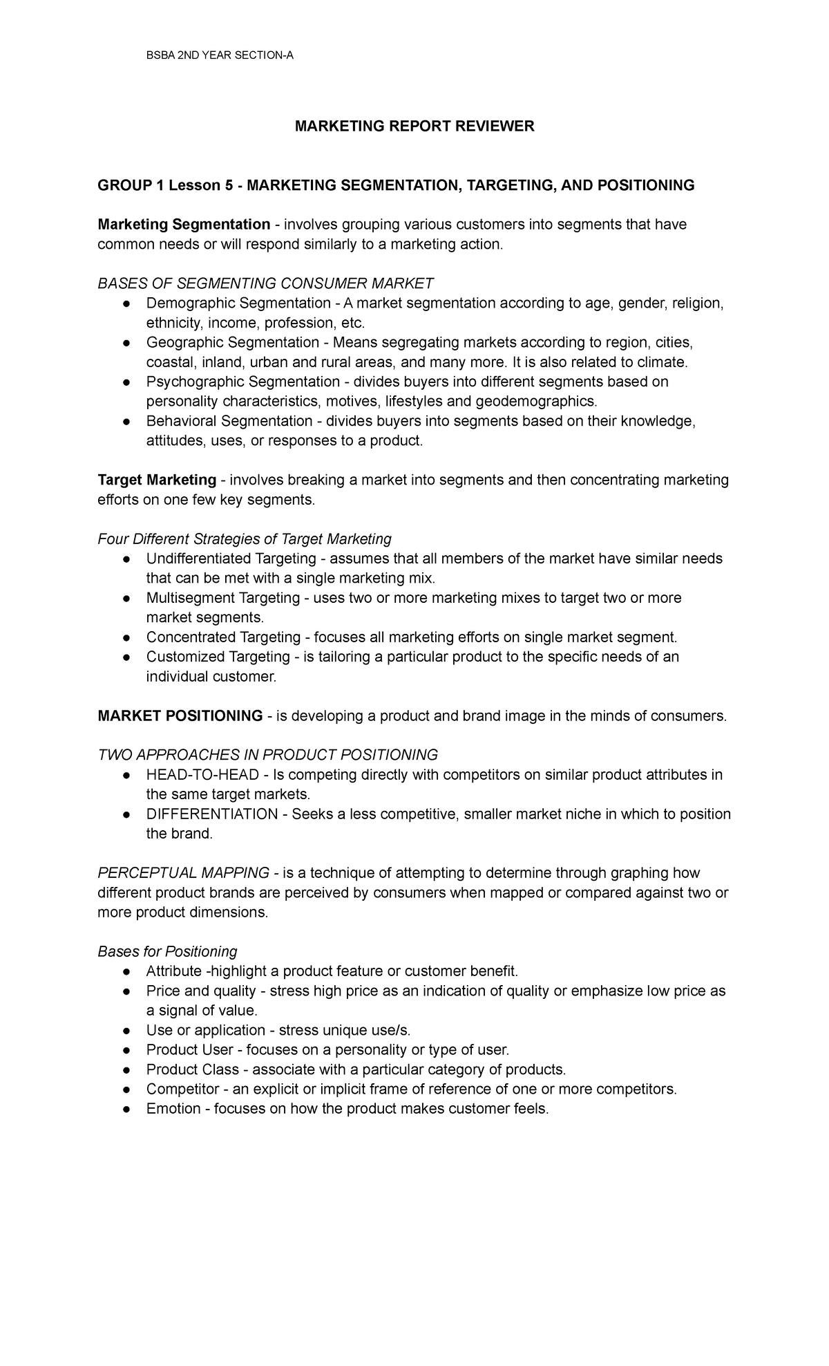 Marketing Report Reviewer - MARKETING REPORT REVIEWER GROUP 1 Lesson 5 ...