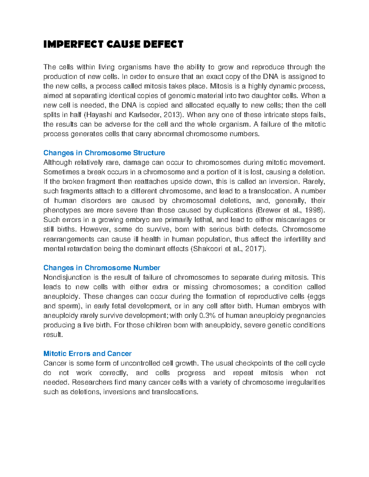 Imperfect Cause Defect - IMPERFECT CAUSE DEFECT The cells within living ...