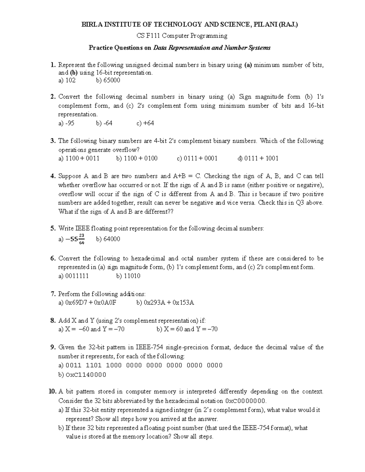 Number Systems Questions - BIRLA INSTITUTE OF TECHNOLOGY AND SCIENCE, PILANI (RAJ.) CS F111 ...