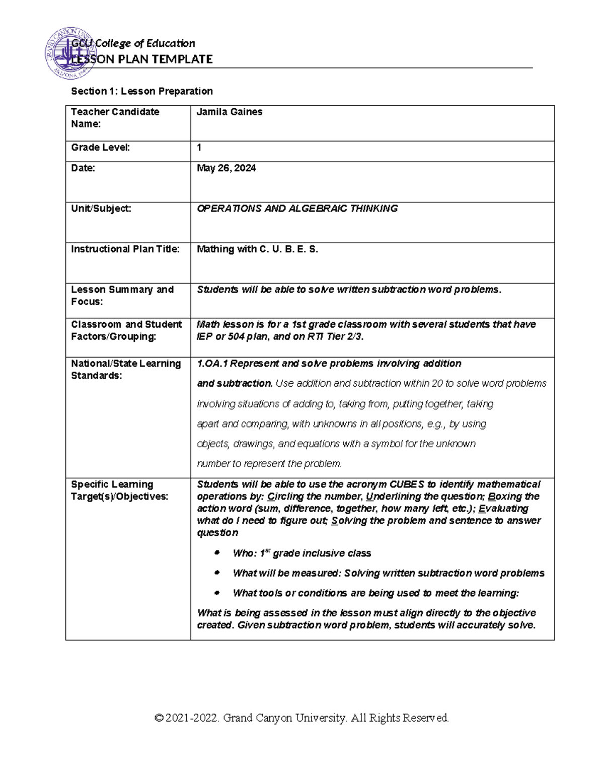Operations and Algebraic Lesson Plan - LESSON PLAN TEMPLATE Section 1 ...