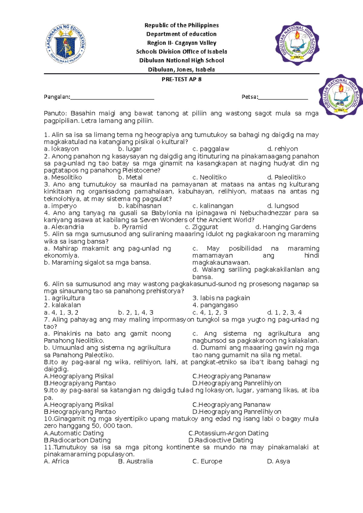 Pre test (Auto Recovered) - Republic of the Philippines Department of ...