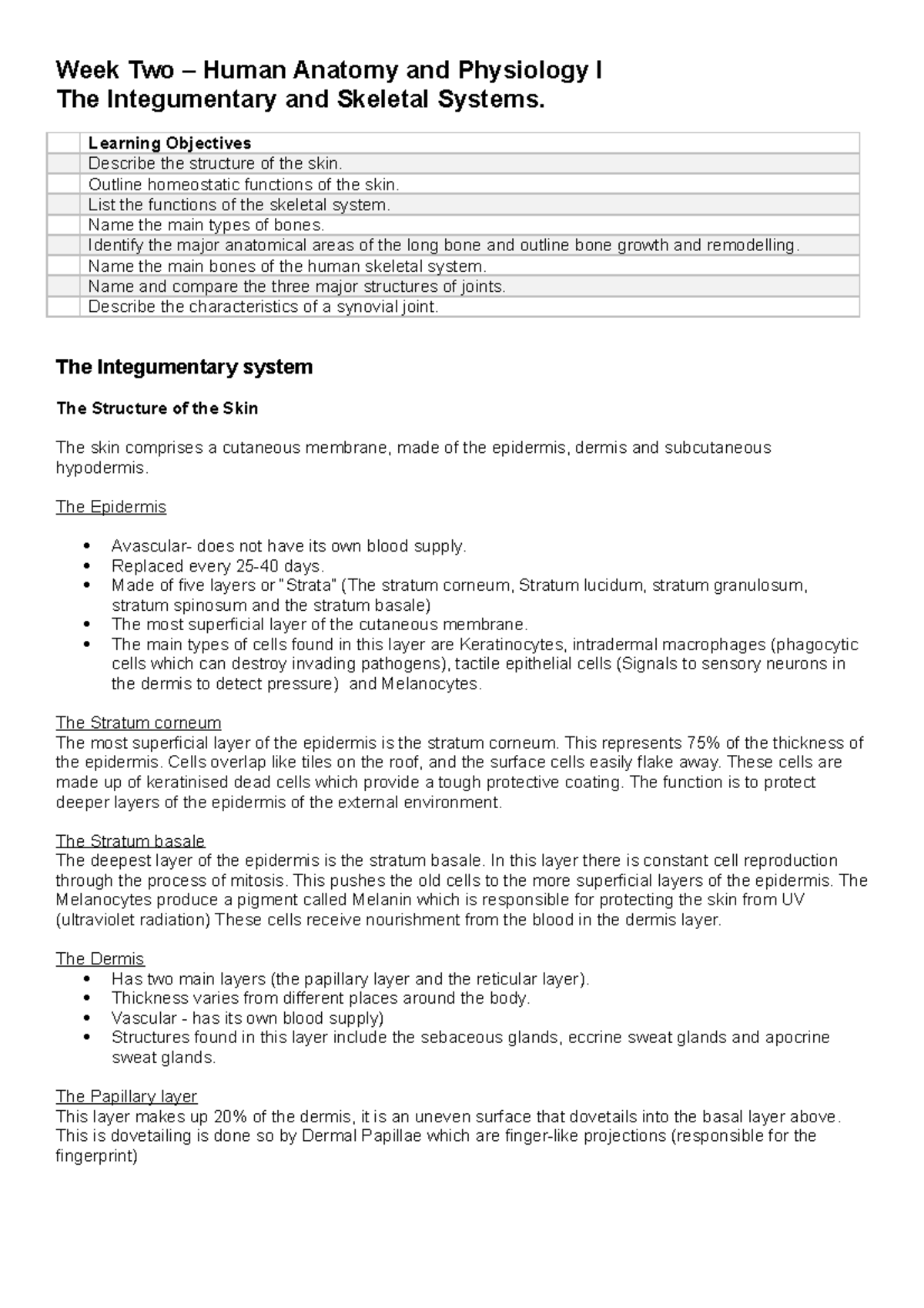Week Two – The Integumentary and Skeletal Systems - Week Two – Human ...