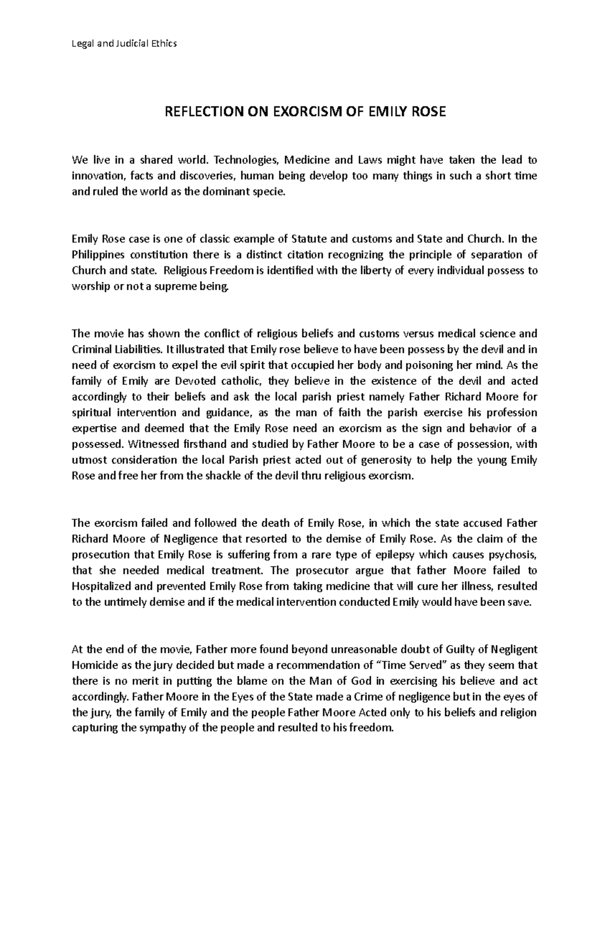 Reflection on Exorcism of Emily Rose - Legal and Judicial Ethics ...