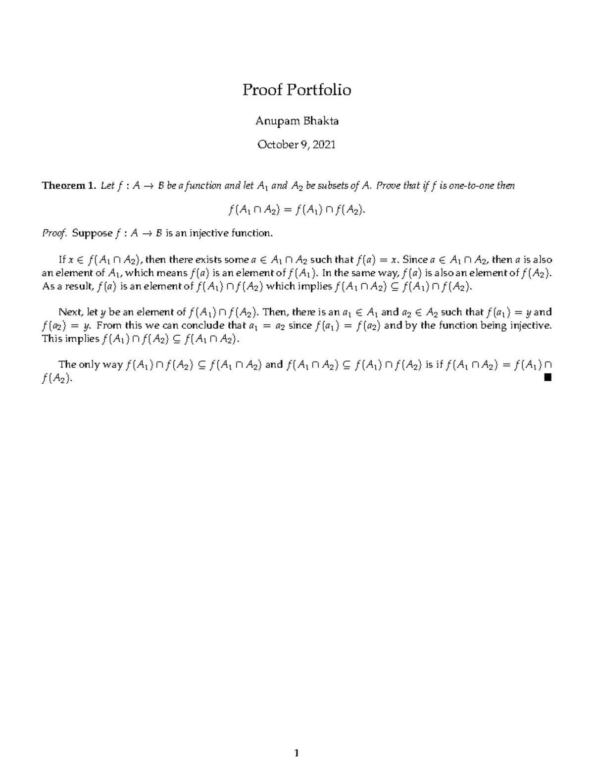 Proof 1 - Proof Portfolio Anupam Bhakta October 9, 2021 Theorem 1. Let ...