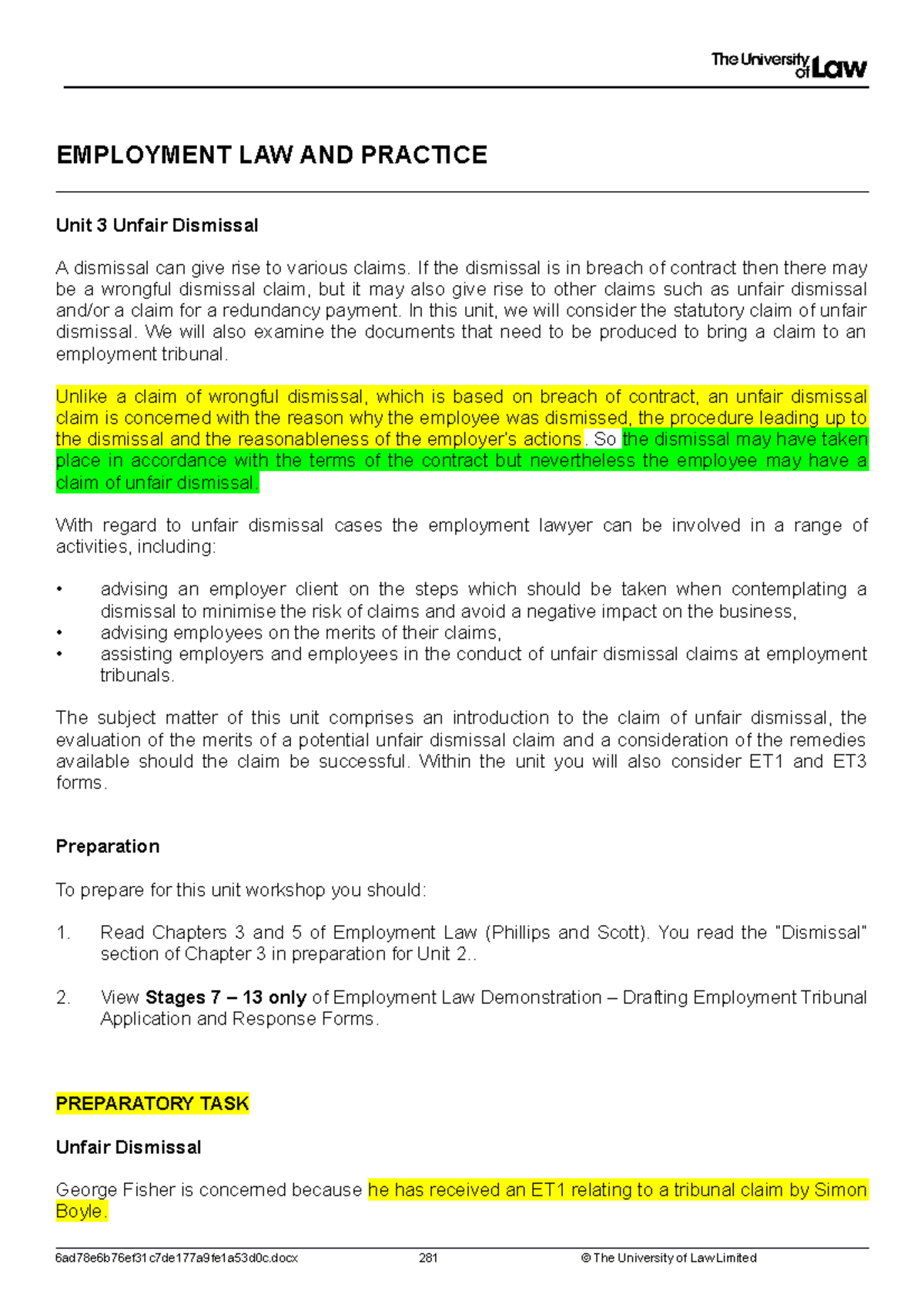 W3 UD - lecture notes for employment law ULAW - EMPLOYMENT LAW AND ...