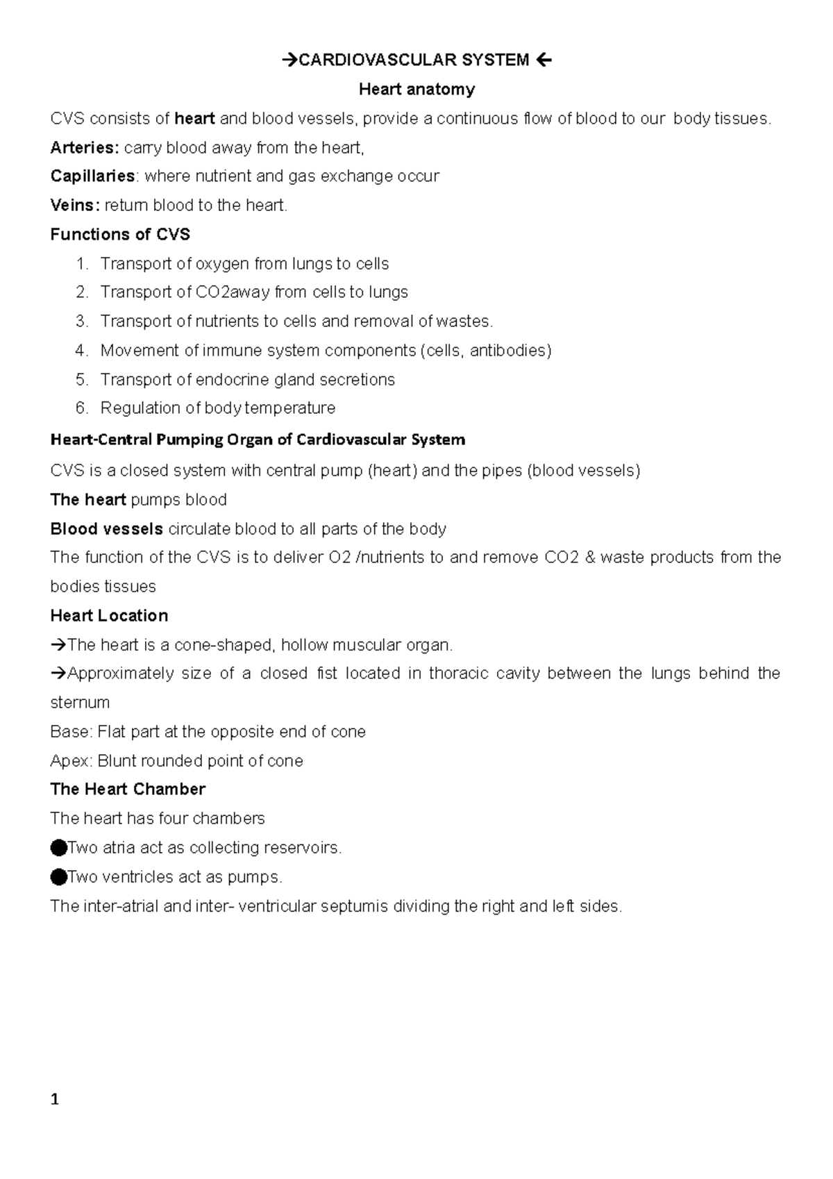 Q - unit outline - CARDIOVASCULAR SYSTEM Heart anatomy CVS consists of ...