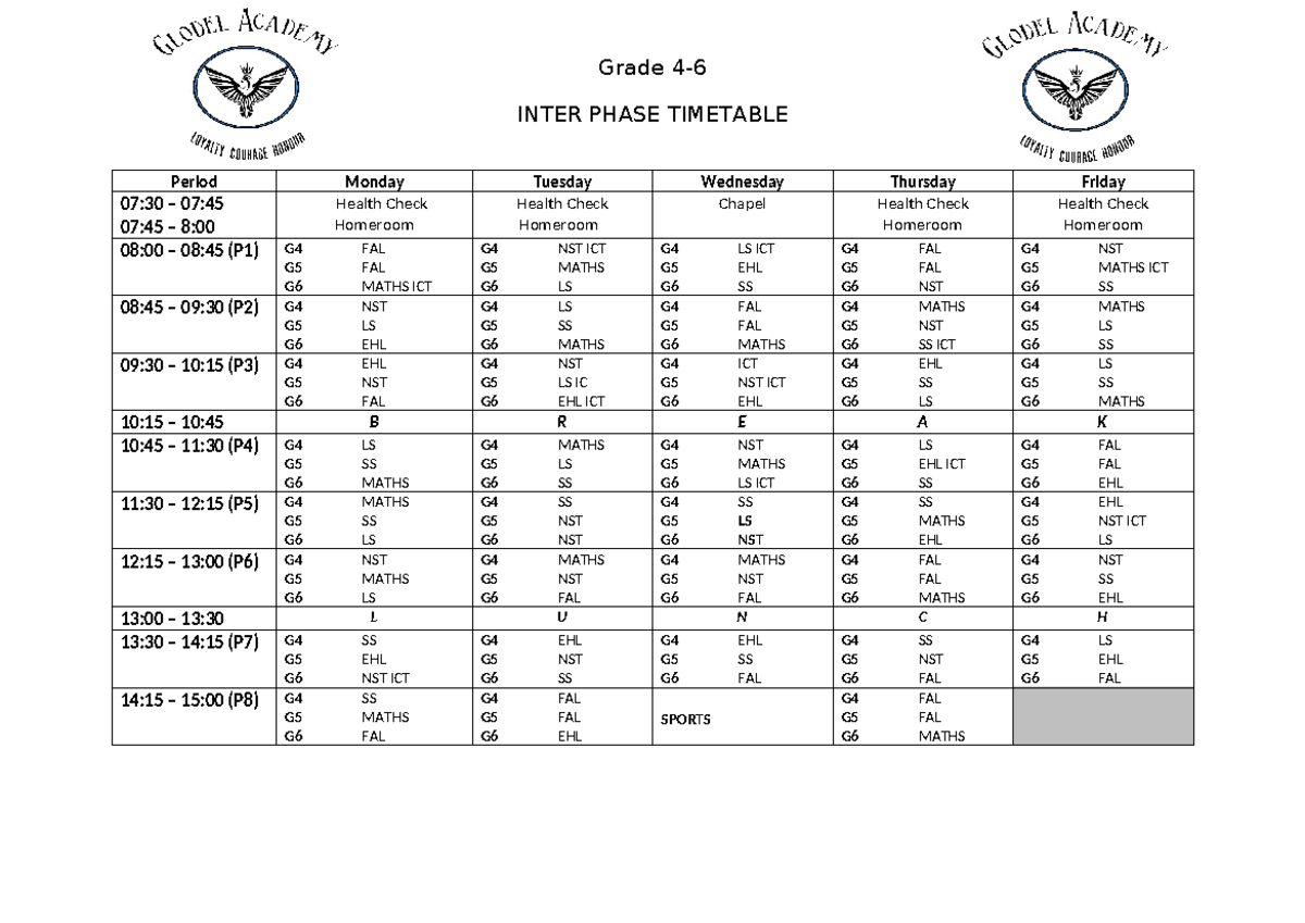 Inter 4-6 Revised - tables - Grade 4- INTER PHASE TIMETABLE Period ...