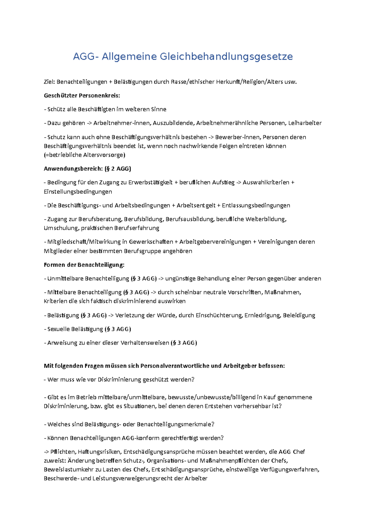 Zusammenfassung - AGG- Allgemeine Gleichbehandlungsgesetze Ziel ...