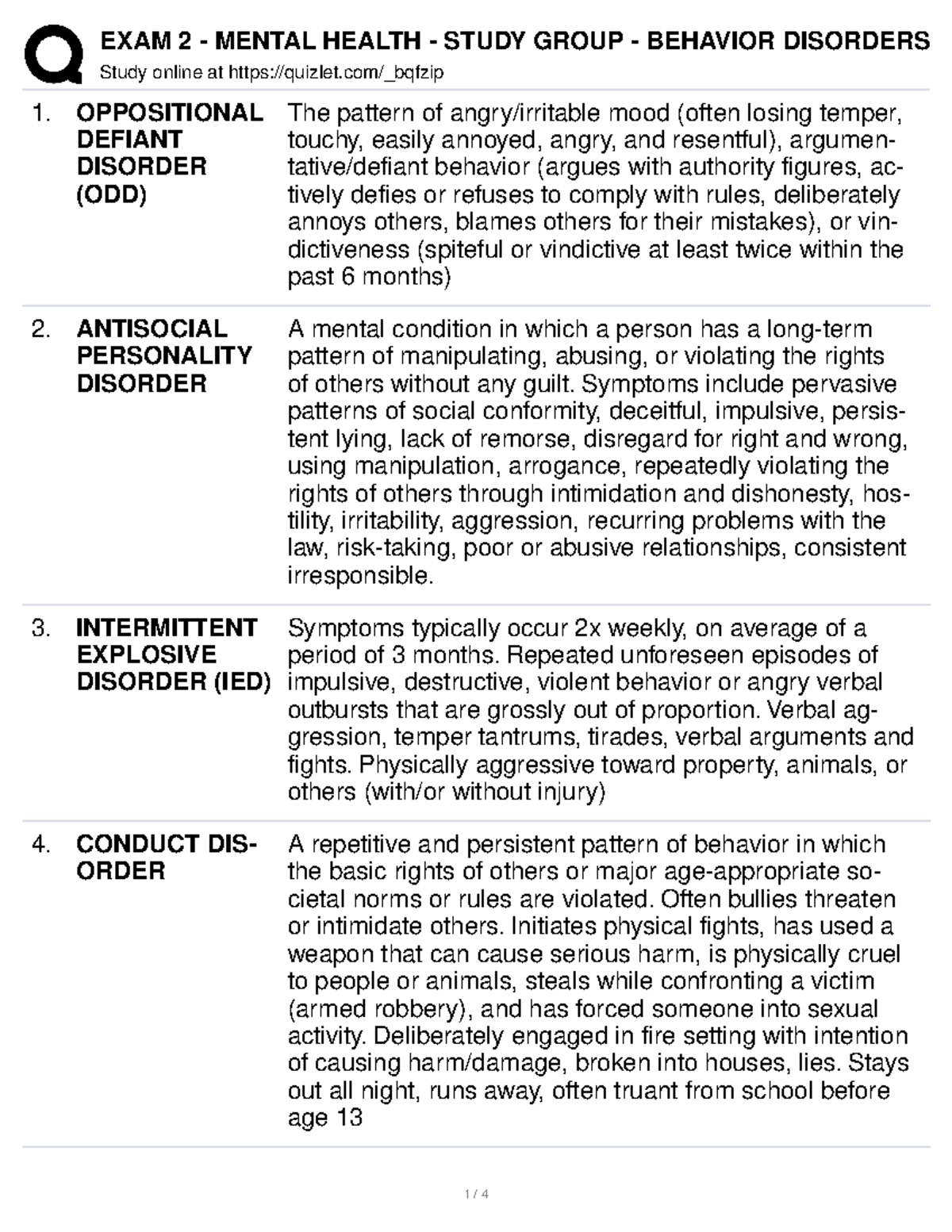 EXAM 2 - Mental Health - Study Group - Behavior Disorders - Study ...
