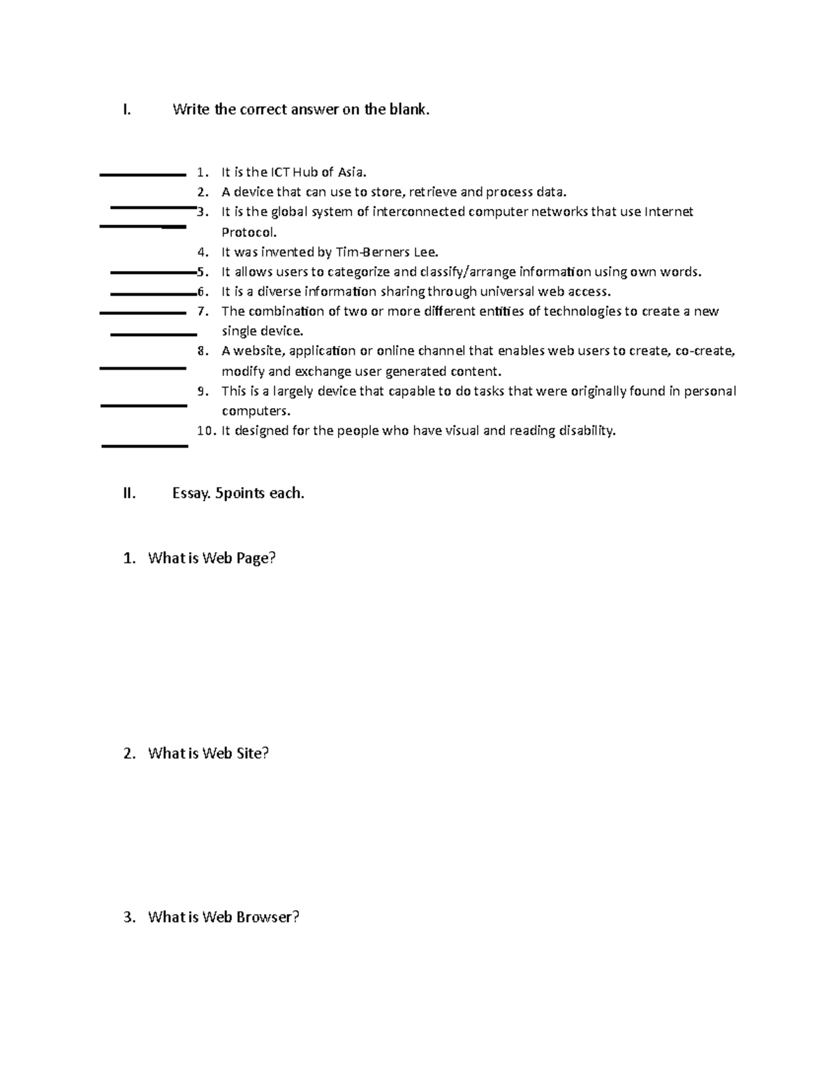 QUIZ 1 - Lesson 1 - asdadad - I. Write the correct answer on the blank ...