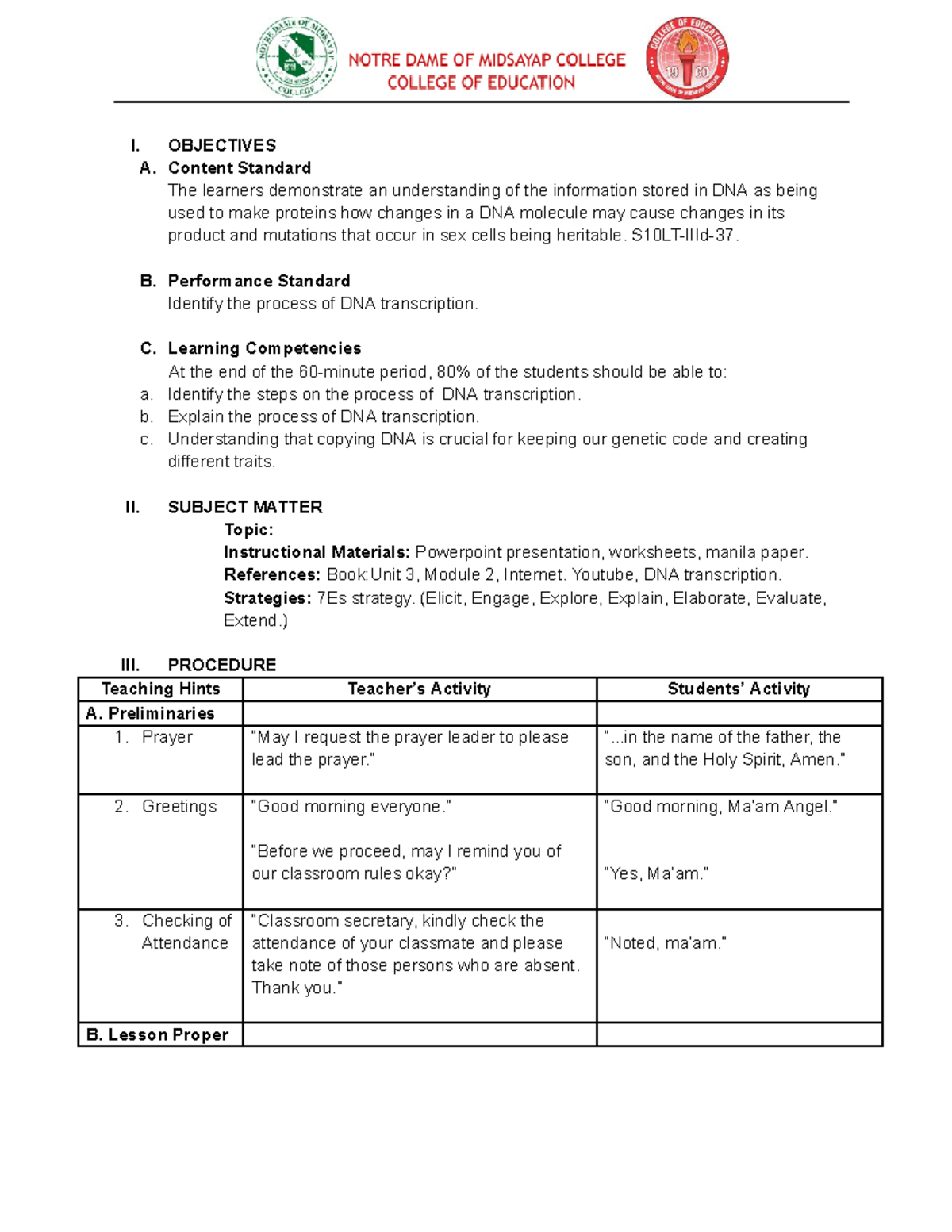 DNA-Transcription - I. OBJECTIVES A. Content Standard The learners ...