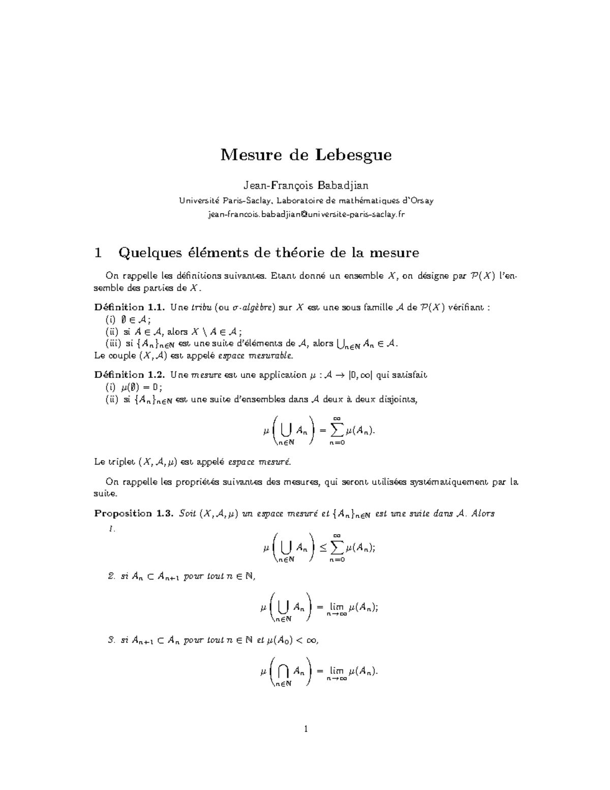 Lebesgue - Mesure de Lebesgue Jean-Fran ̧cois Babadjian Universit ́e ...