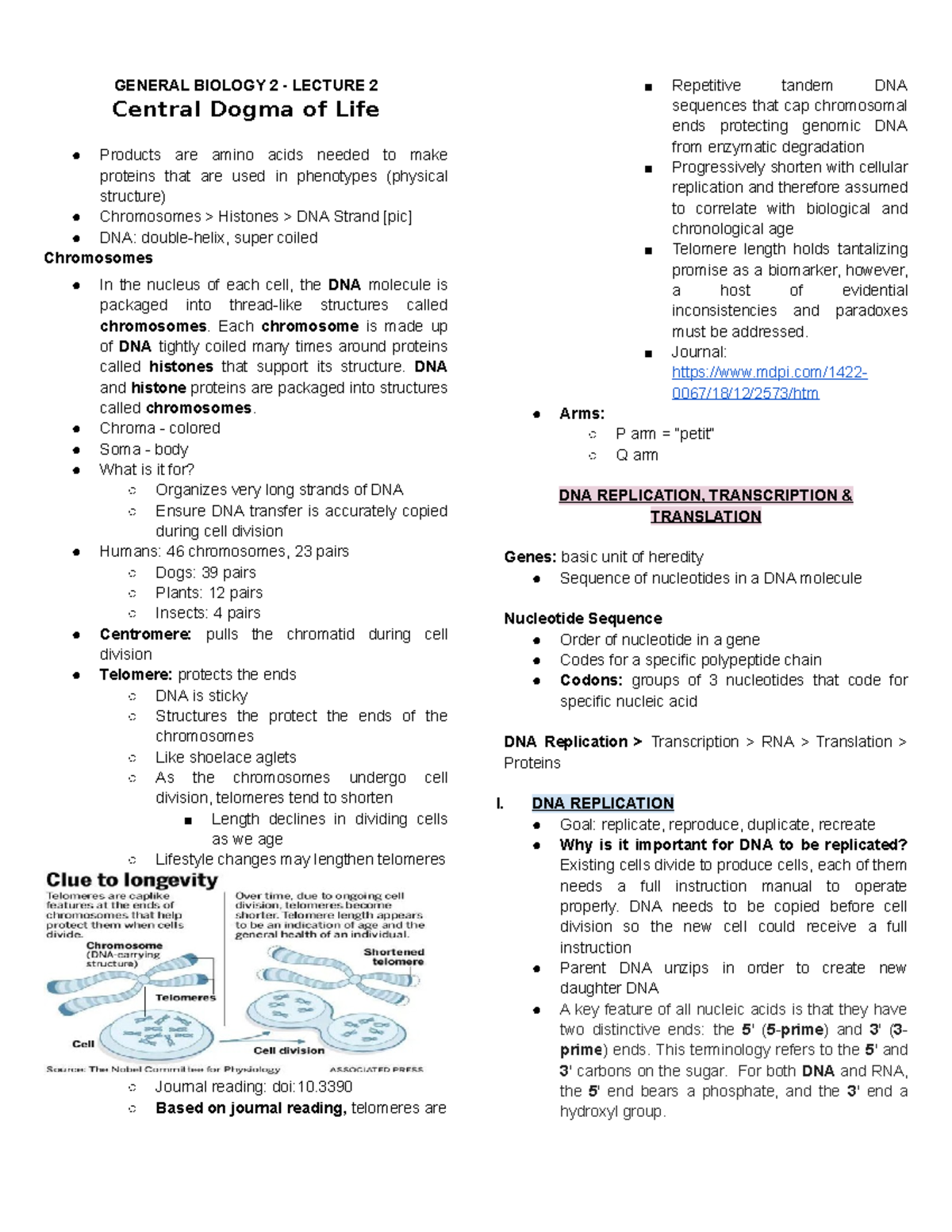 Lecture Notes 2 (Central Dogma) - GENERAL BIOLOGY 2 - LECTURE 2 Central ...